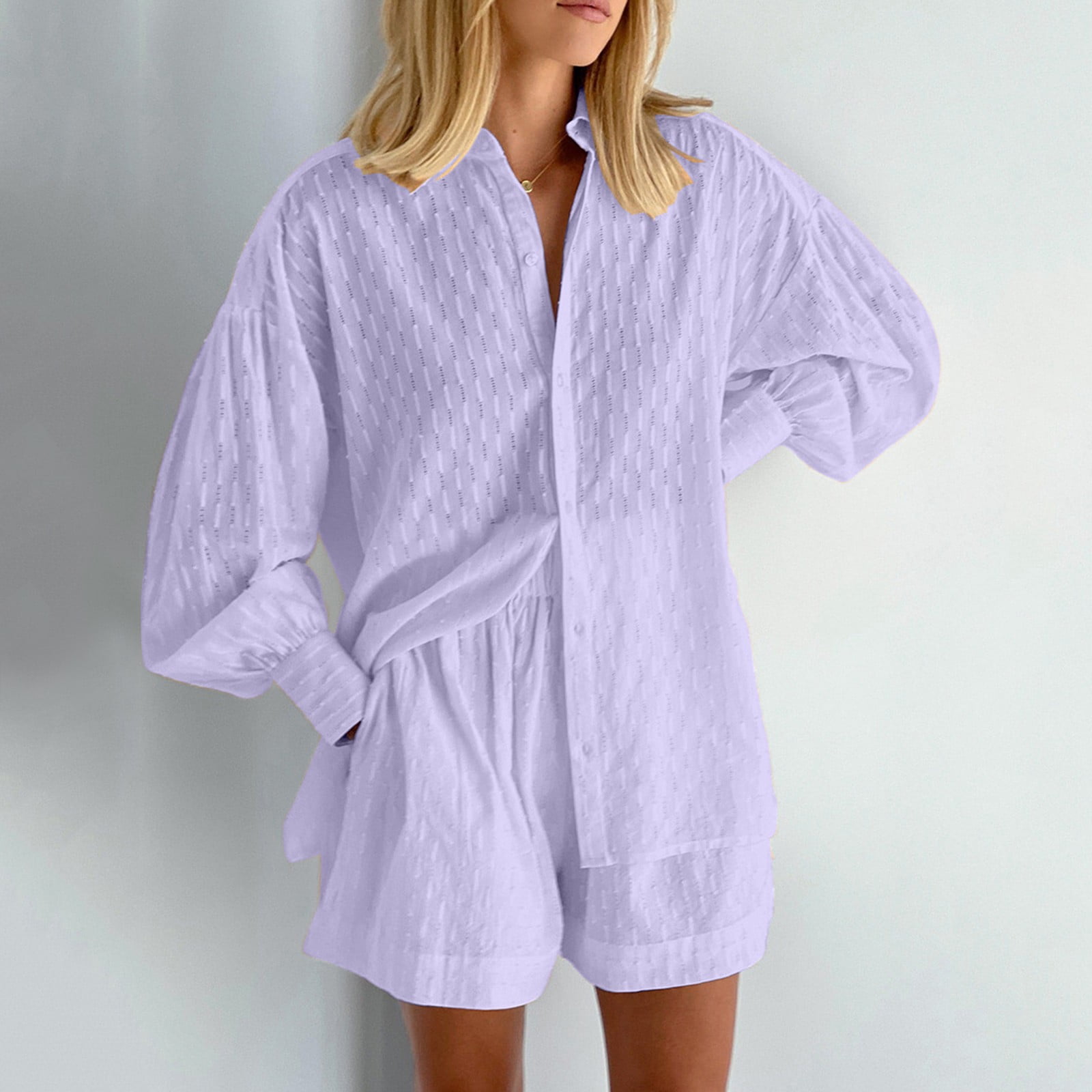 Womens 2 Piece Spring Summer Puff Sleeve Long Sleeve Top And Shorts ...