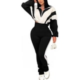 Womens 2 Piece Sweatsuits Color Block Long Sleeve Zipper Cropped Jacket ...