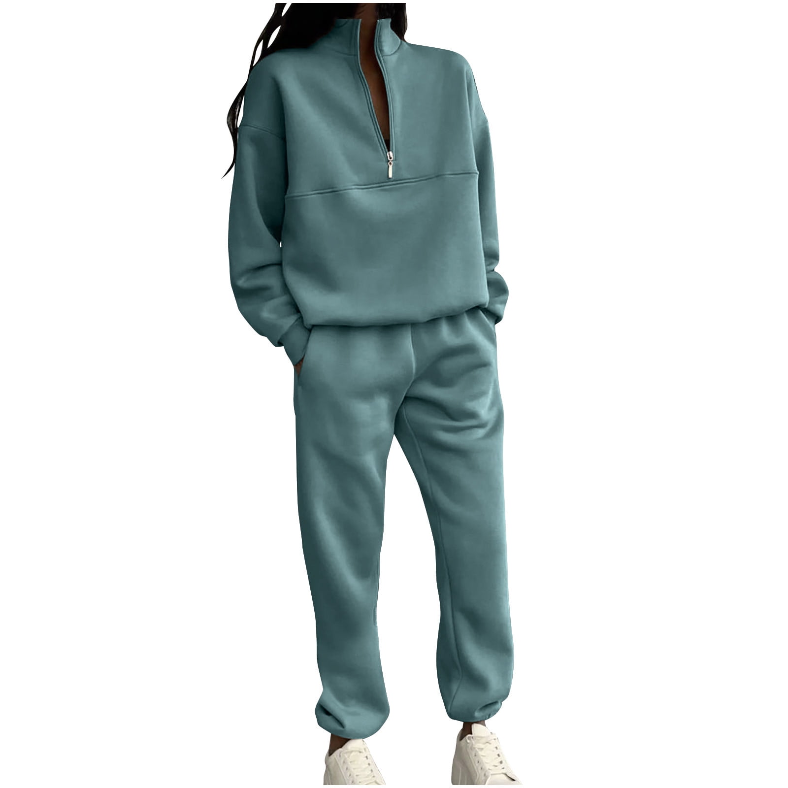 Womens 2 Piece Sweatsuits Long Sleeve Half Zip Pullover Sweatshirt ...