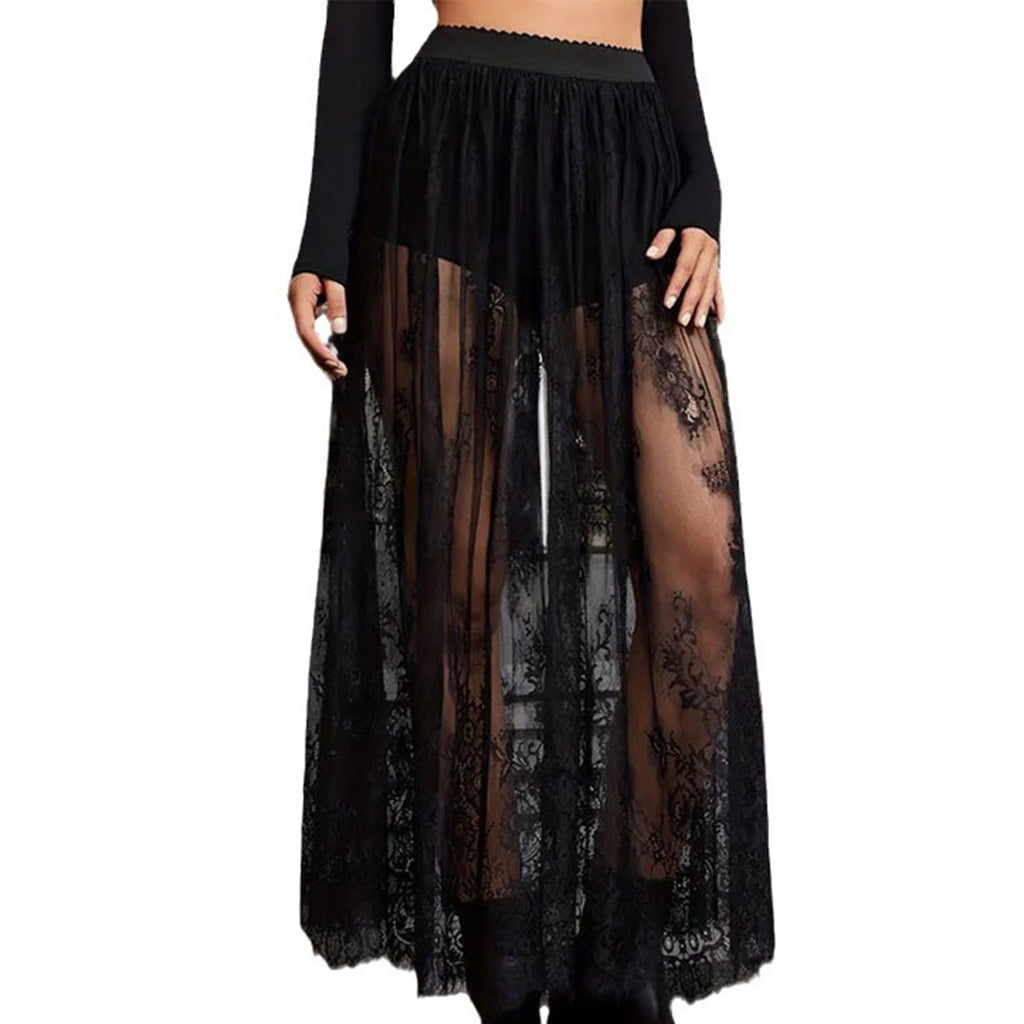 Womens 2 in1 Sheer Meshes Skirt Highs Waist A Line Maxi Skirt Se ...