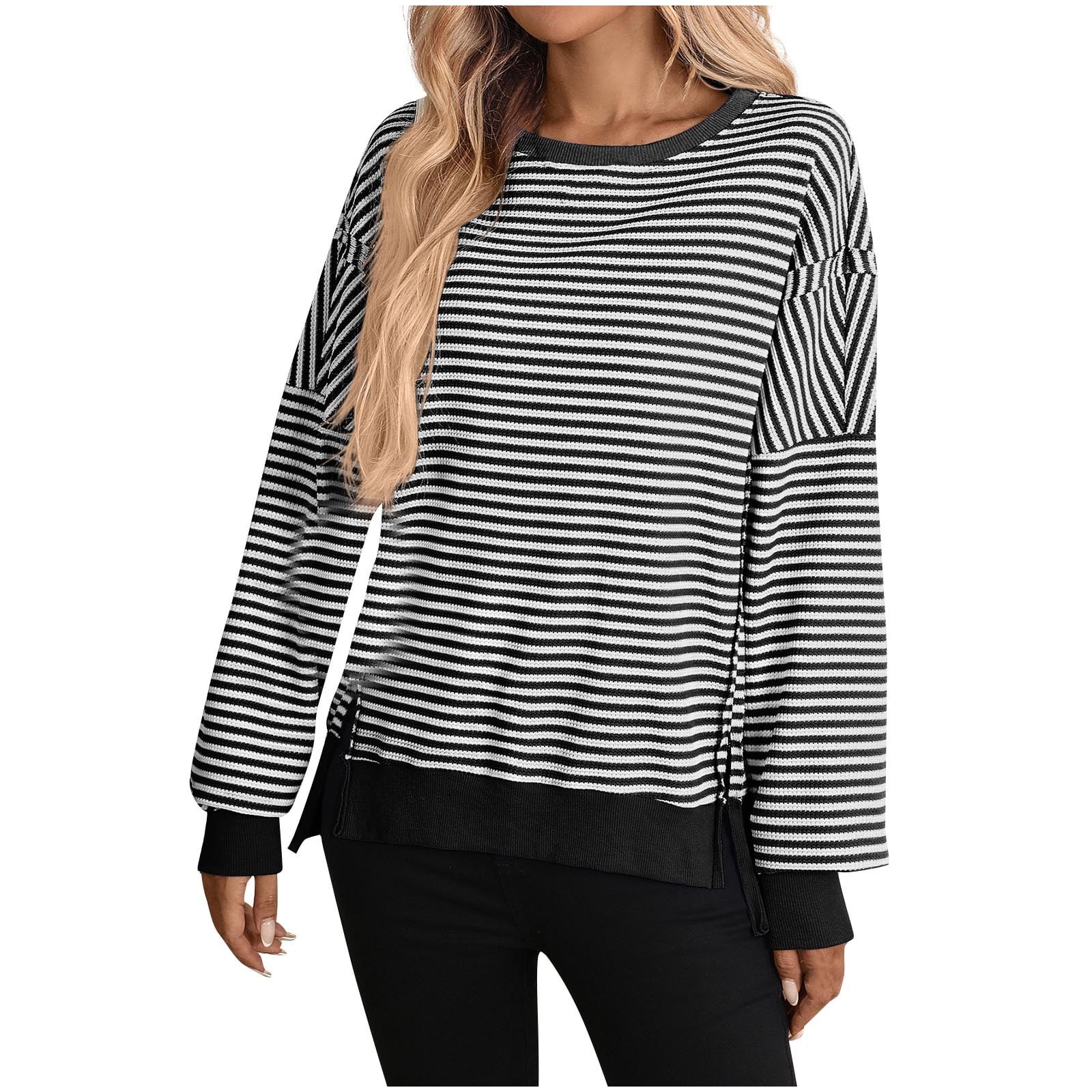 Womens 2025 Fall Striped Sweater Crew Neck Long Sleeve Color Block ...