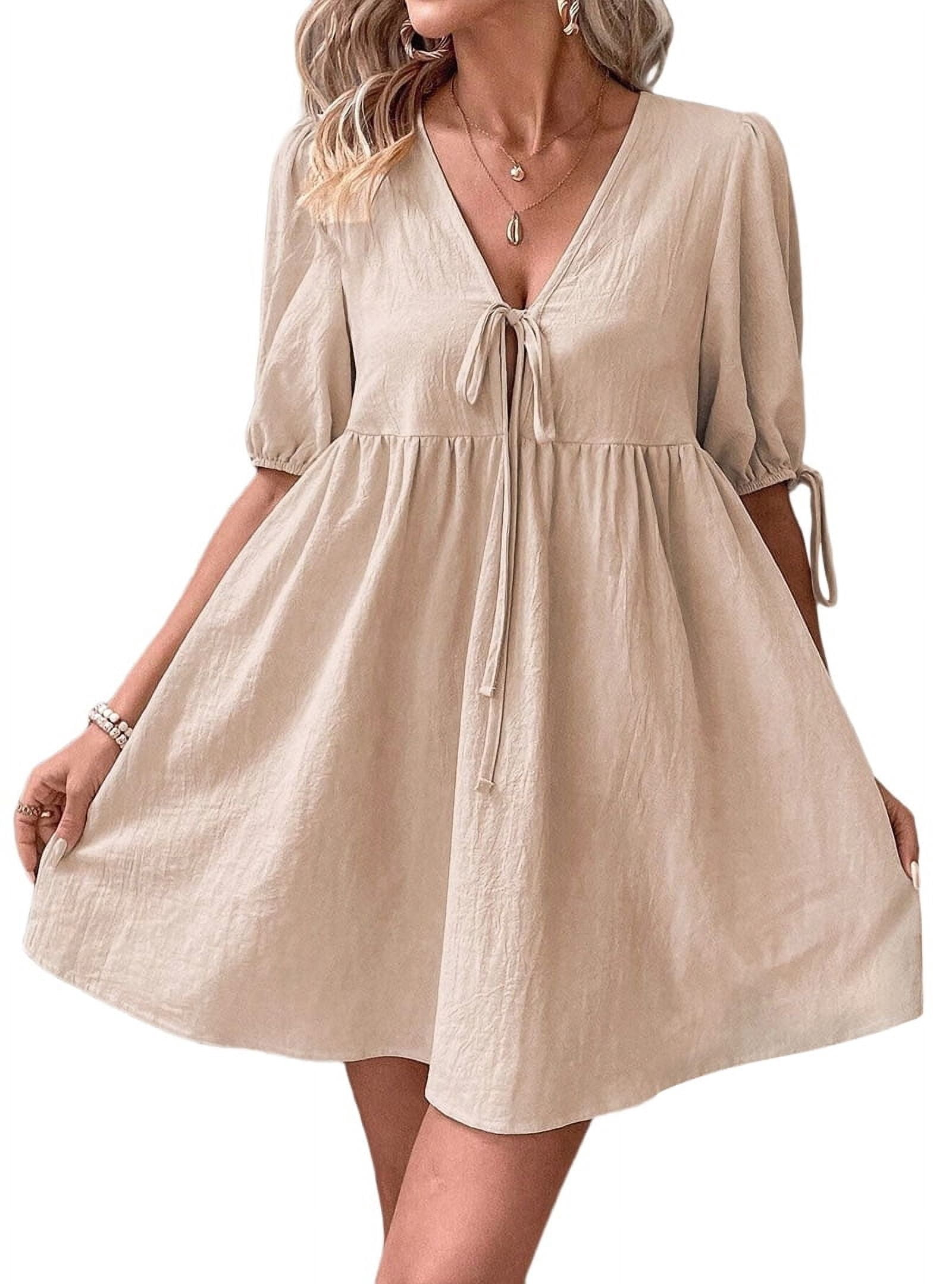 Womens Summer Casual Short Sleeve Dresses A Line Bow-Knot Tie Front ...