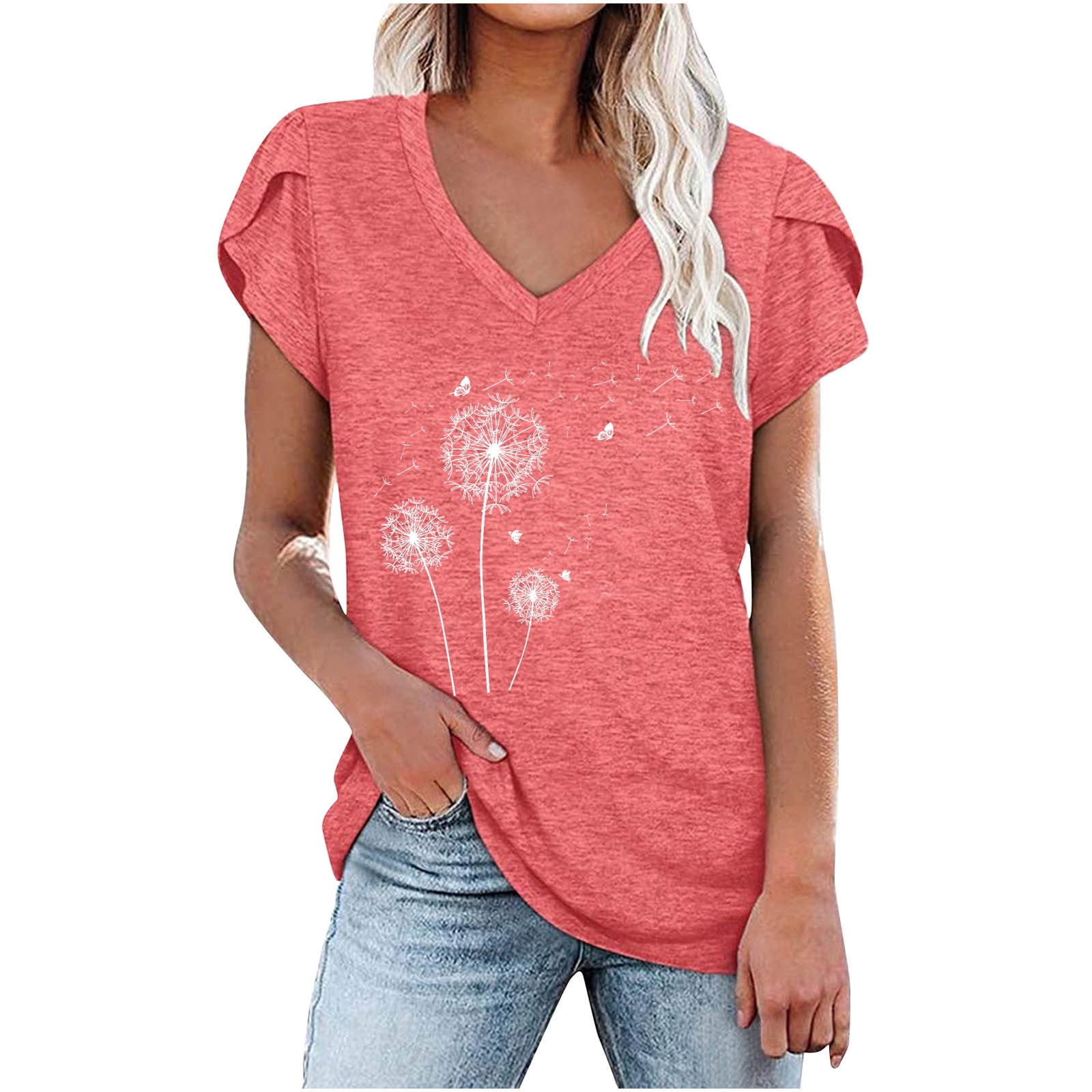 Womens Summer Casual T-Shirts V Neck Petal Short Sleeve Tops Loose ...