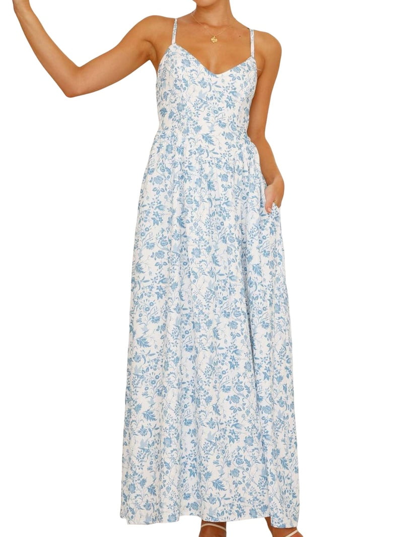 Womens 2025 Summer Maxi Dress Sleeveless Floral Smocked Boho Beach Long ...