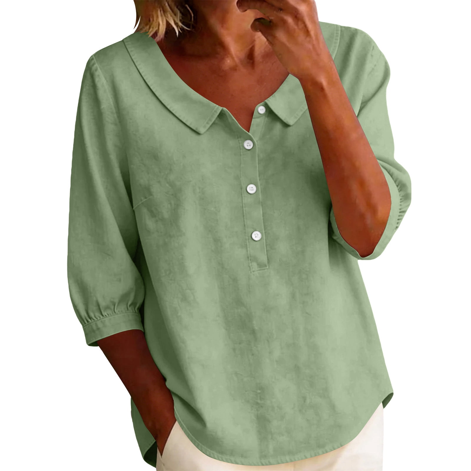 Womens 2026 Summer Cotton Linen Blouse Peter Pan Collar Half Sleeve ...