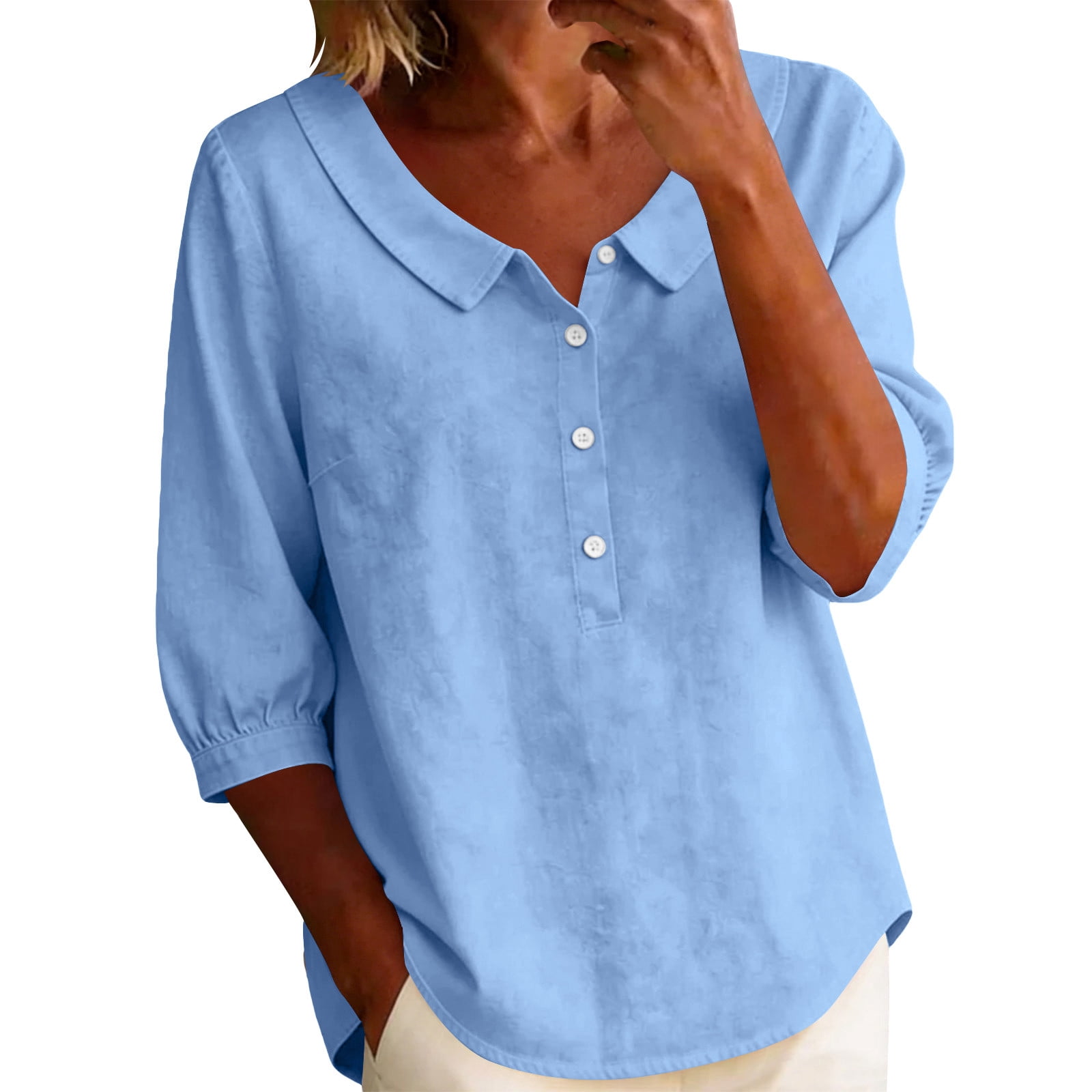 Womens 2026 Summer Cotton Linen Blouse Peter Pan Collar Half Sleeve ...