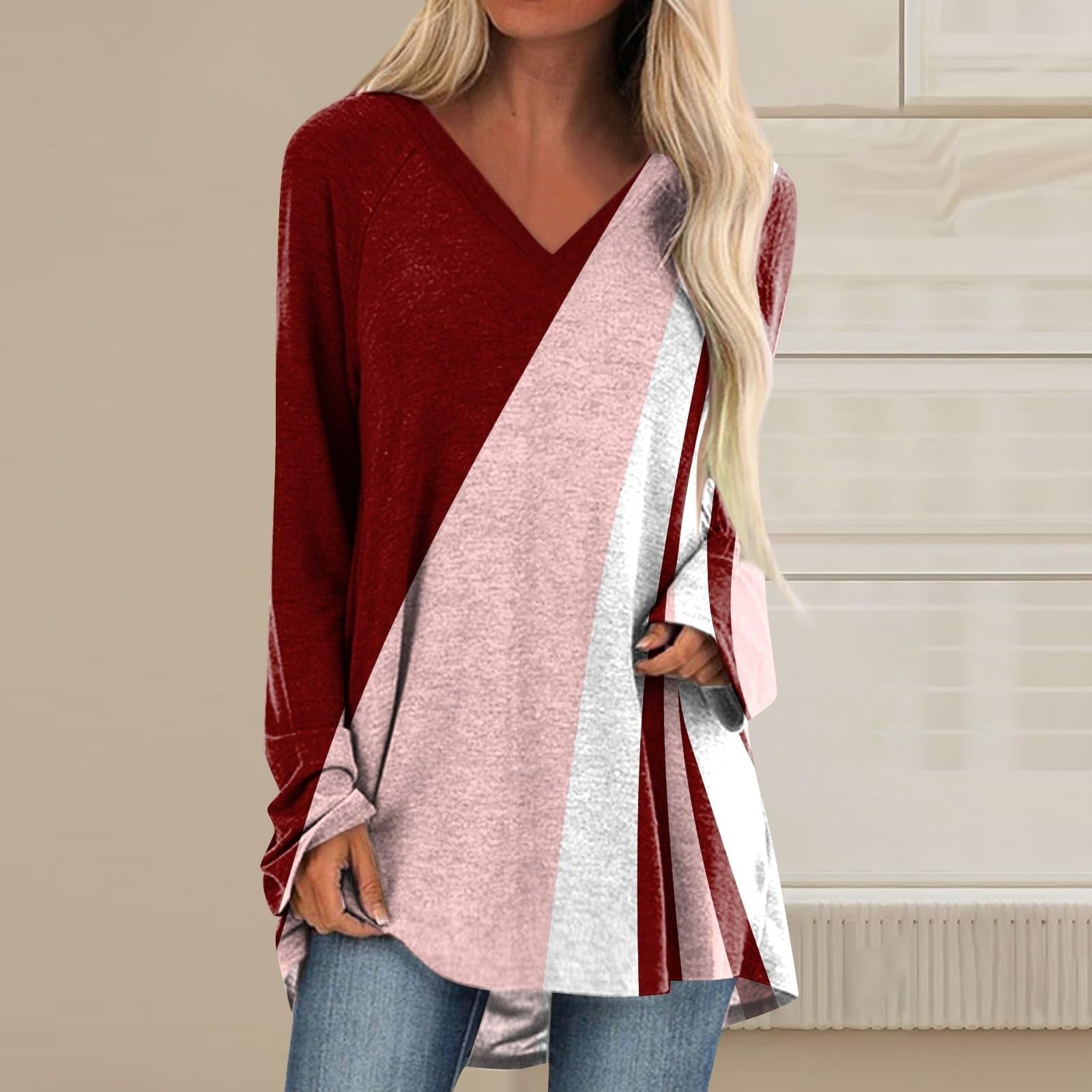 Womens 2026 Summer Tops Basic Loose Long Sleeve Trendy T Shirts V-Neck ...