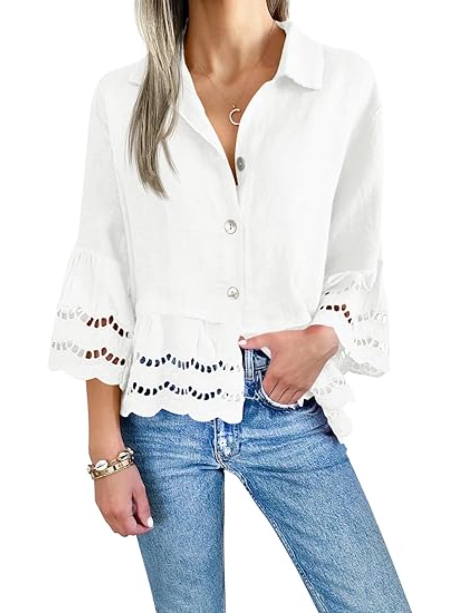 Womens 3/4 Bell Sleeve Button Down Shirts Casual Ruffle Hem Tops Eyelet ...