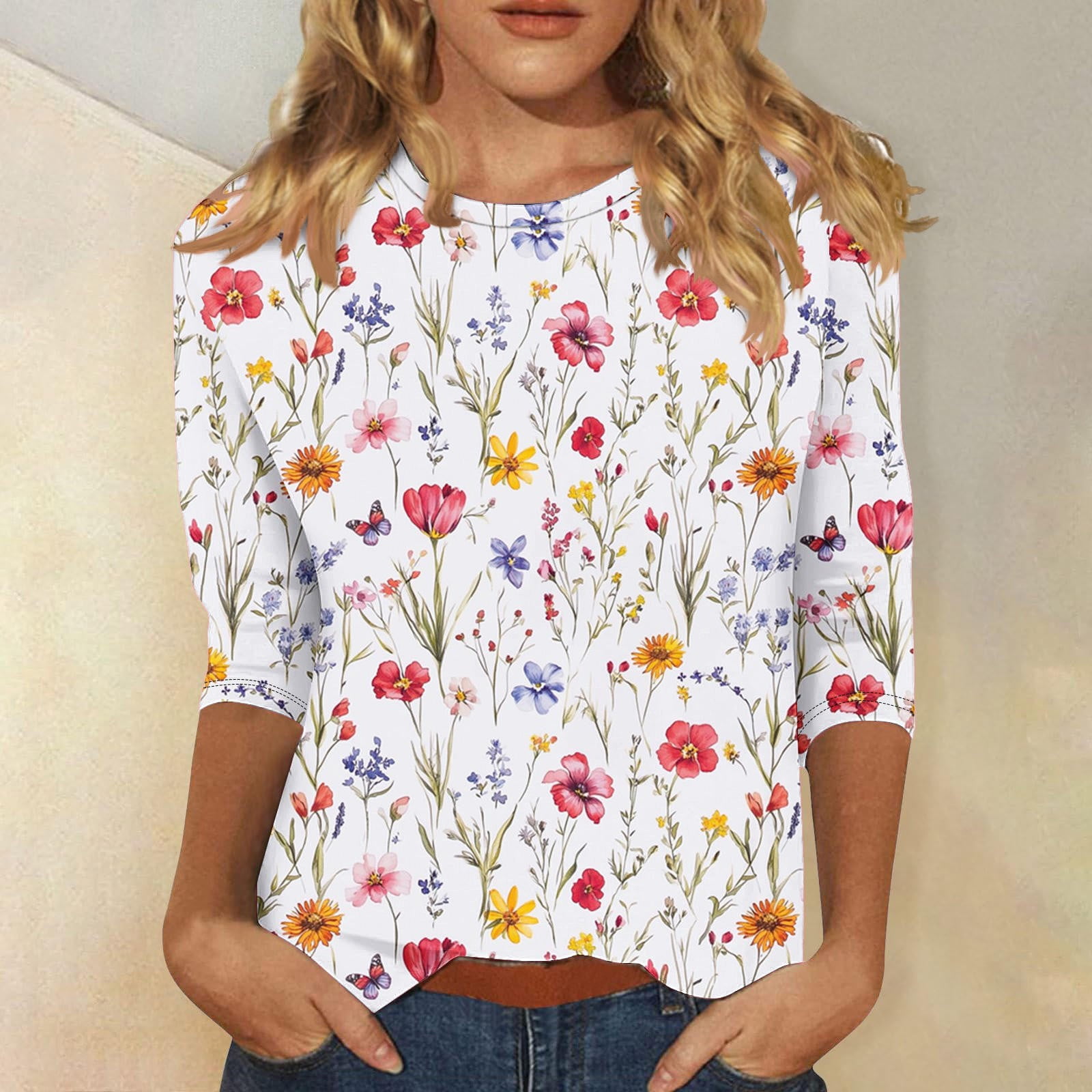 Womens 3/4 Length Sleeve Long Lightweight Summer Tops Summer Tshirts ...