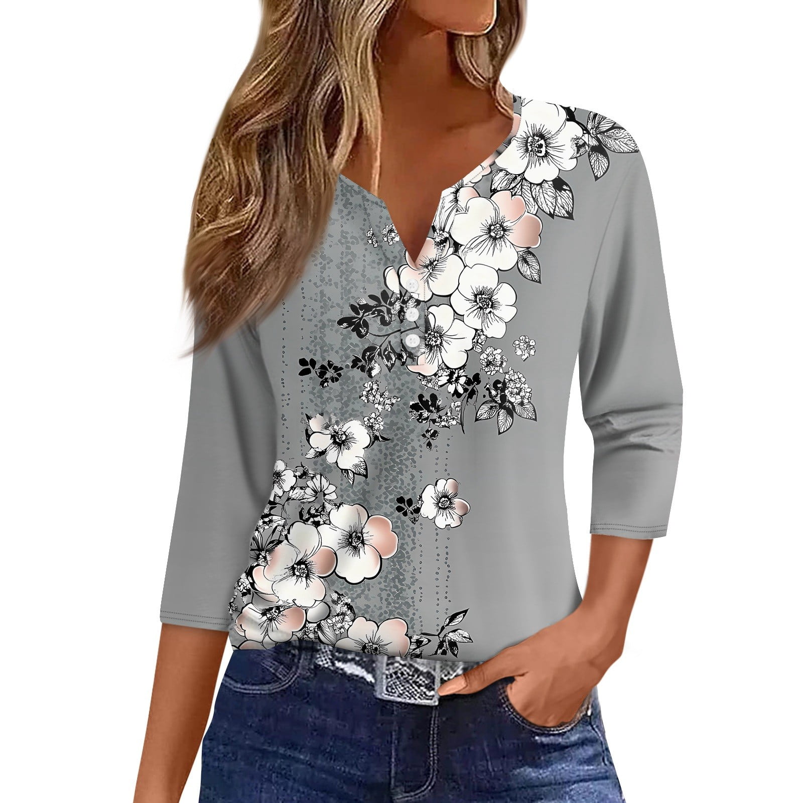 Womens 3/4 Length Sleeve Tops Casual Henley Summer Shirts Loose Fit ...