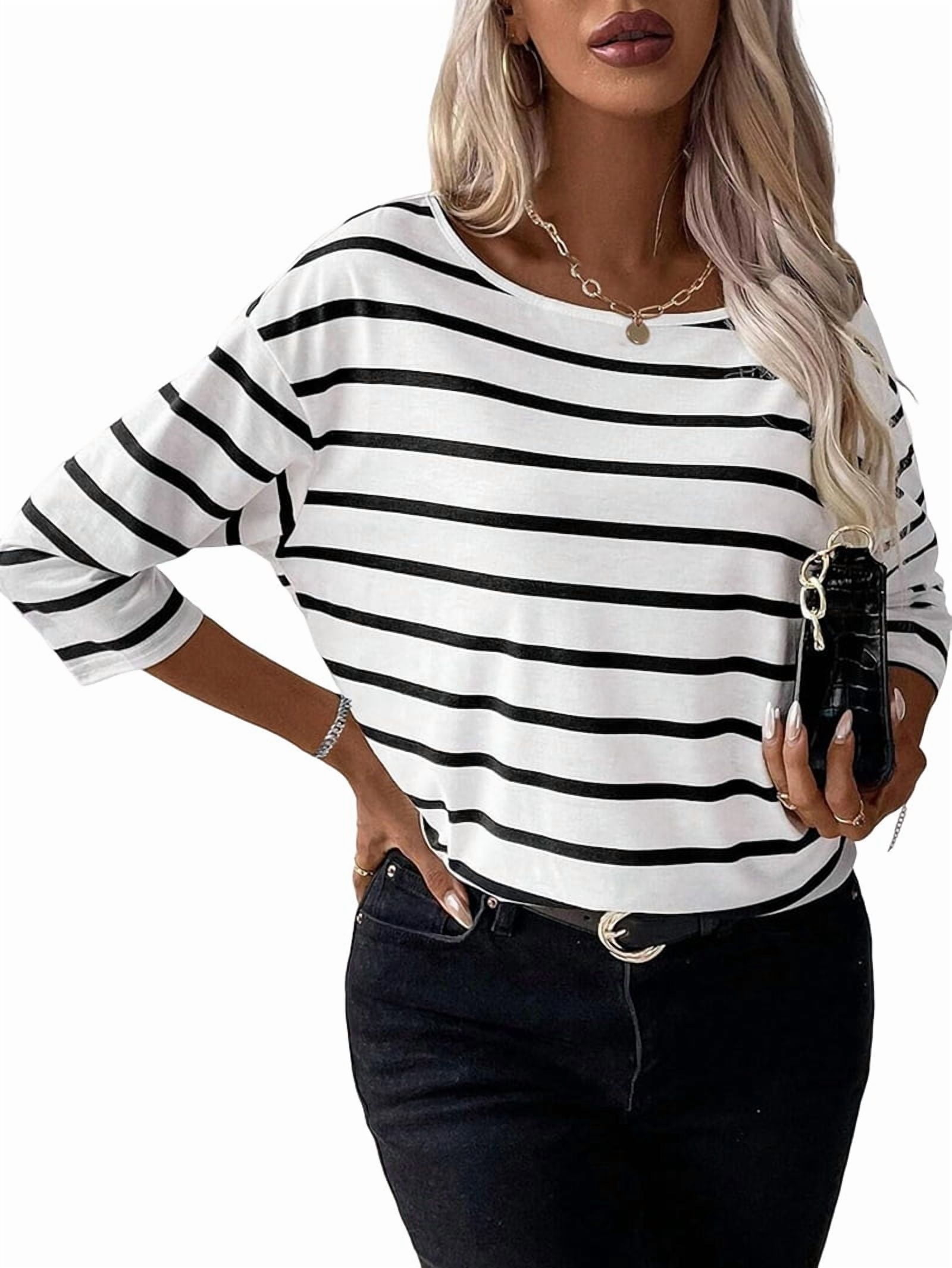 Womens 3/4 Length Sleeve Tops Striped Boat Neck Shirt Frenchy Cotton ...