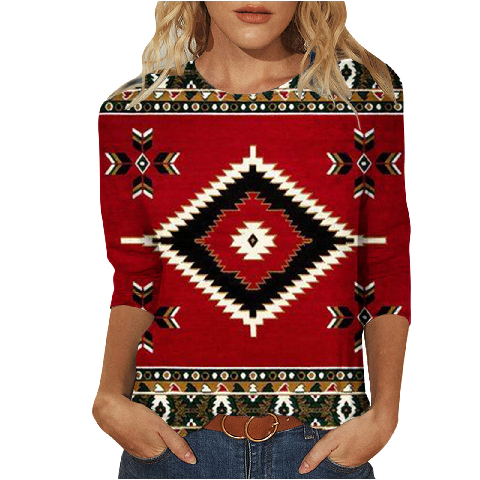 Womens 3/4 Sleeve Aztec Shirts,Causal Crew Neck Western Tee Shirt ...