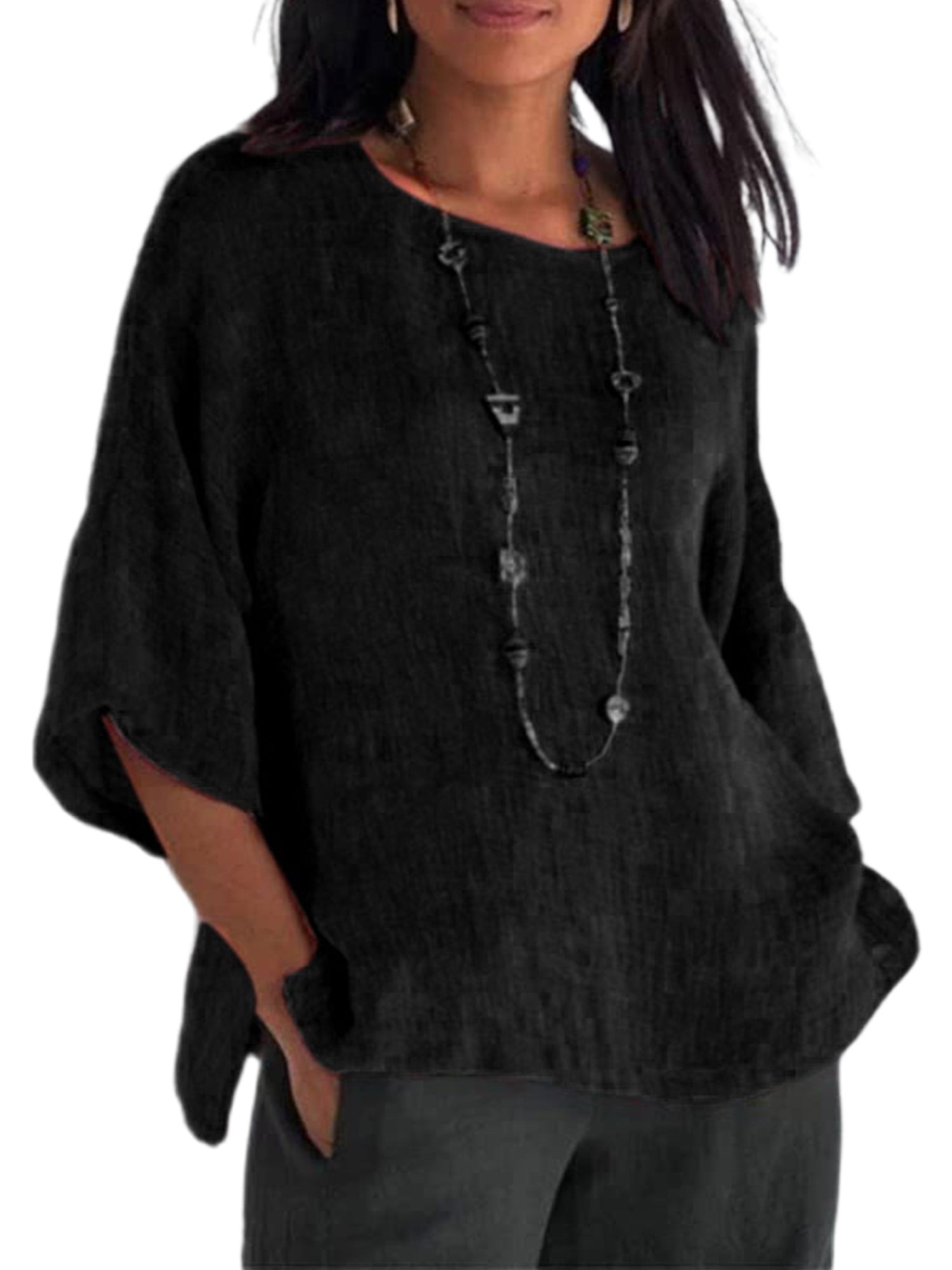 Womens 3/4 Sleeve Cotton Linen Plain Casual T-Shirt Tops Blouses Plus ...