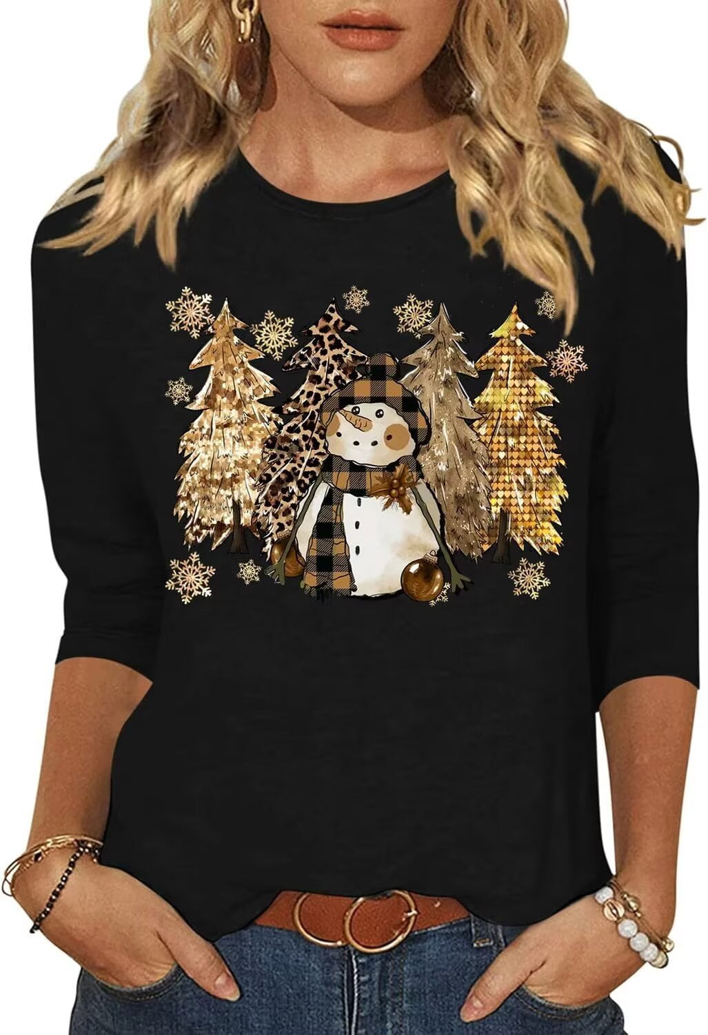Womens 3/4 Sleeve Crew Neck T-Shirts Merry Bright Christmas Tree ...