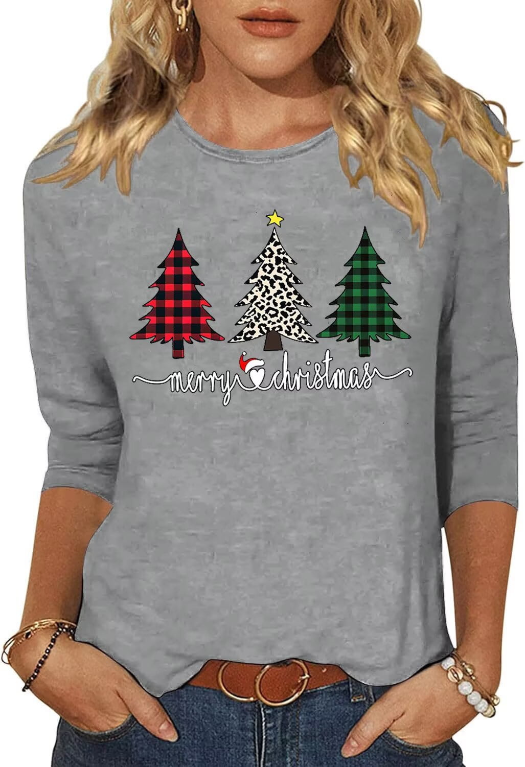 Womens 3/4 Sleeve Crew Neck T-Shirts Merry Bright Christmas Tree ...