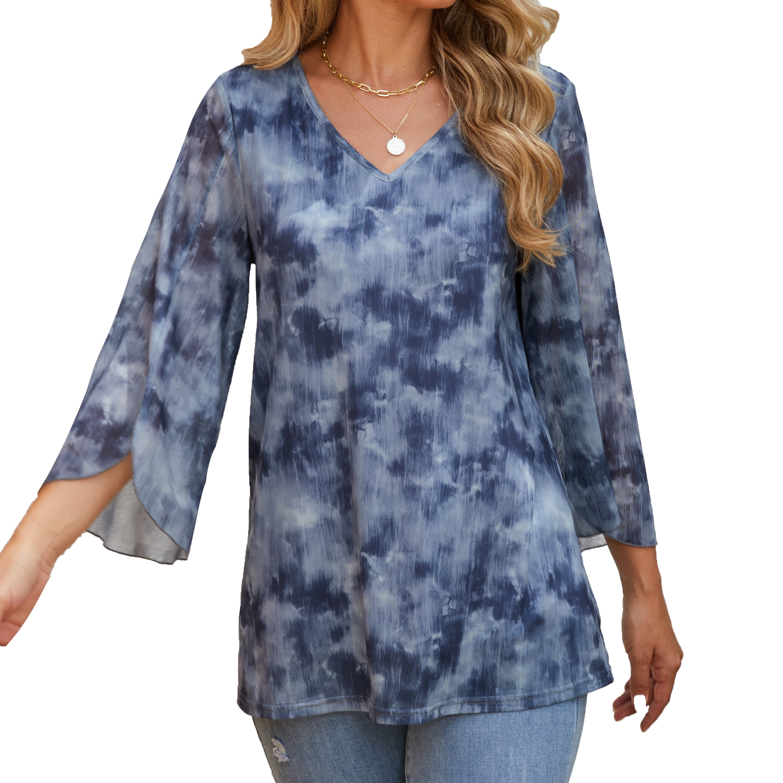 Womens 3/4 Sleeve Double Layers Mesh Blouses V Neck Ruffle Floral ...