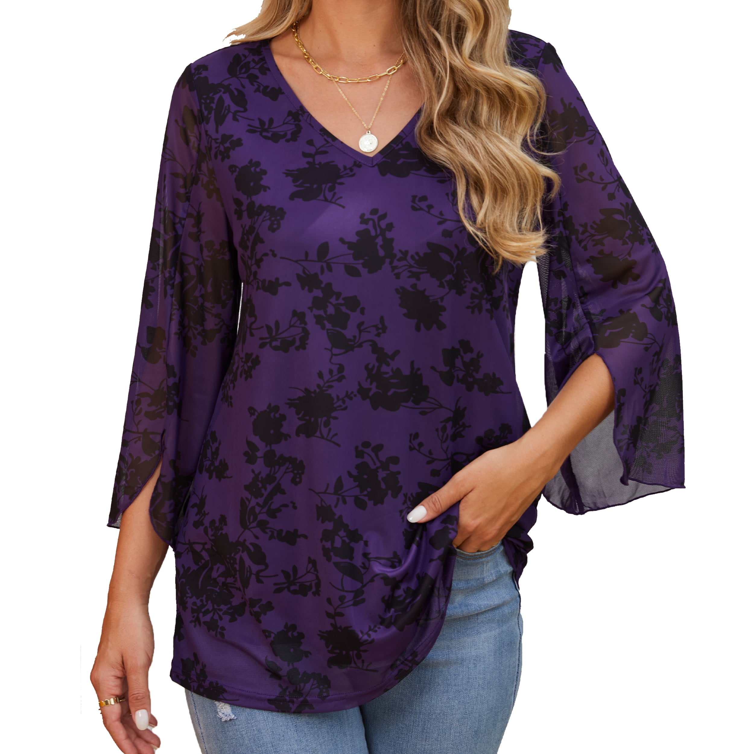 Womens Dressy Blouses 3/4 Sleeve V Neck Ruffle Floral Tunic Casual ...