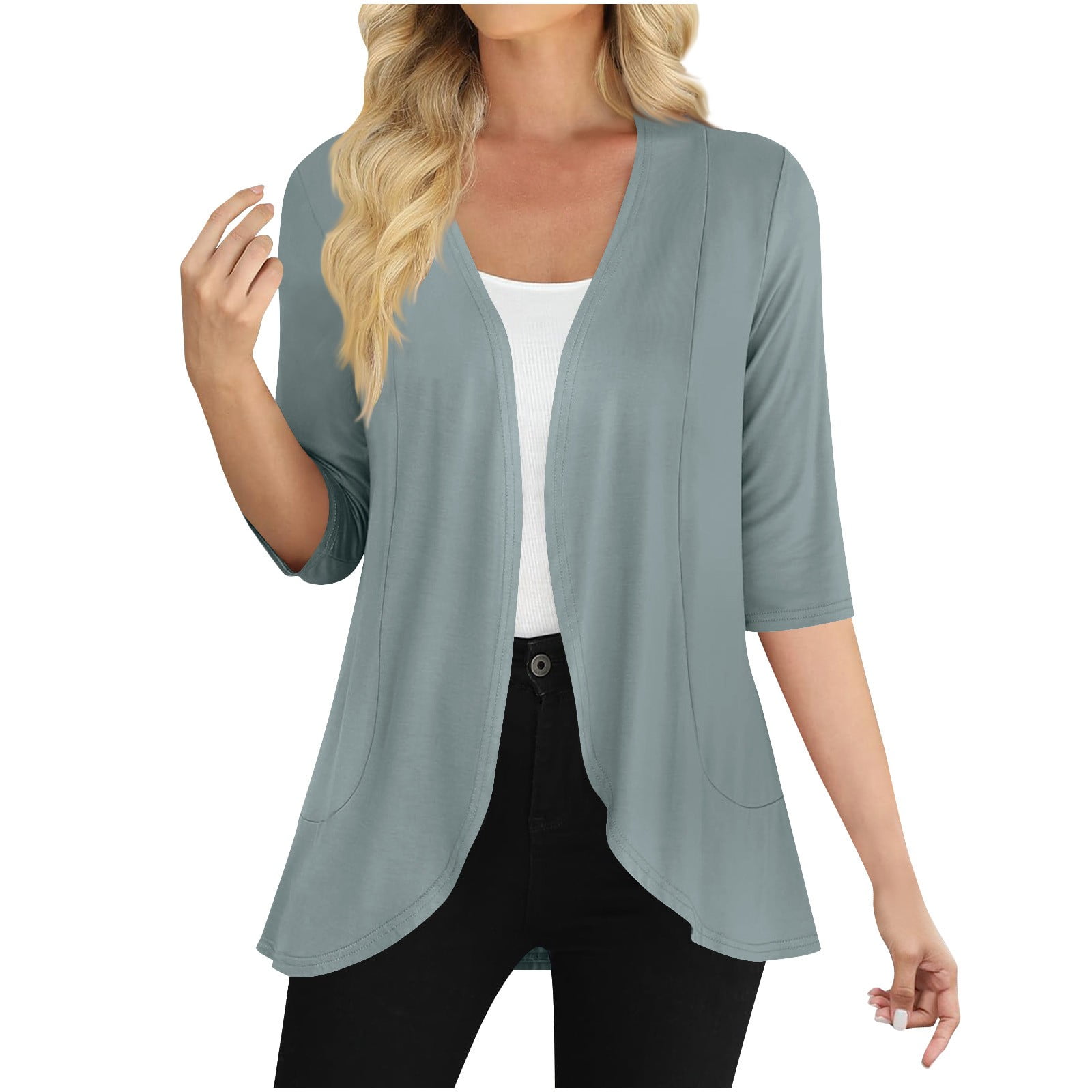 Womens 3/4 Sleeve Open Front Cardigans Draped Ruffles Soft Lightweight ...