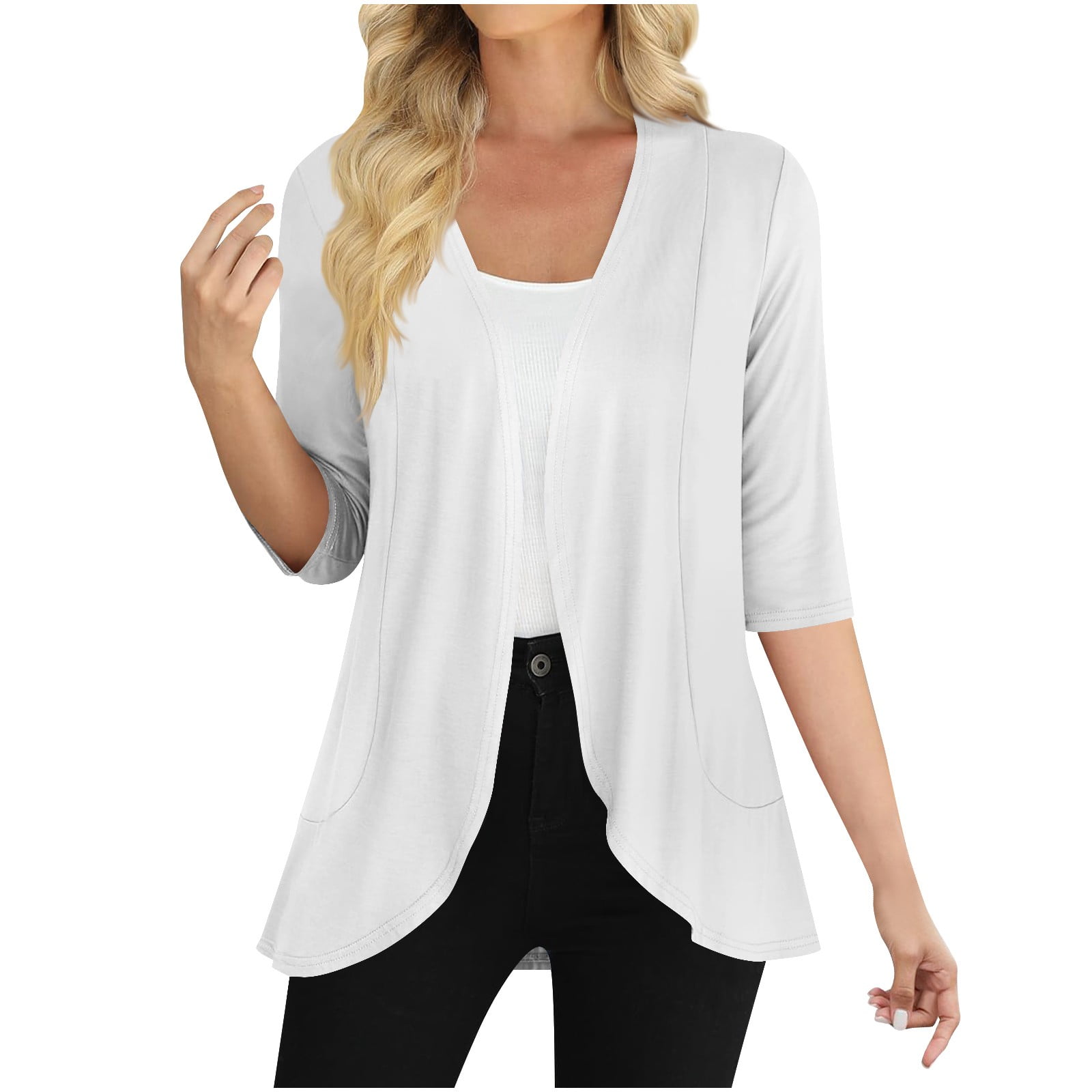 Womens 3/4 Sleeve Open Front Cardigans Draped Ruffles Soft Lightweight ...