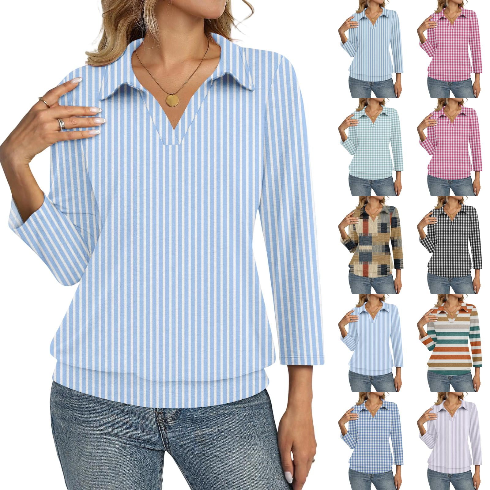 Womens 3/4 Sleeve Polo Shirts Collared V Neck Business Blouses Banded ...
