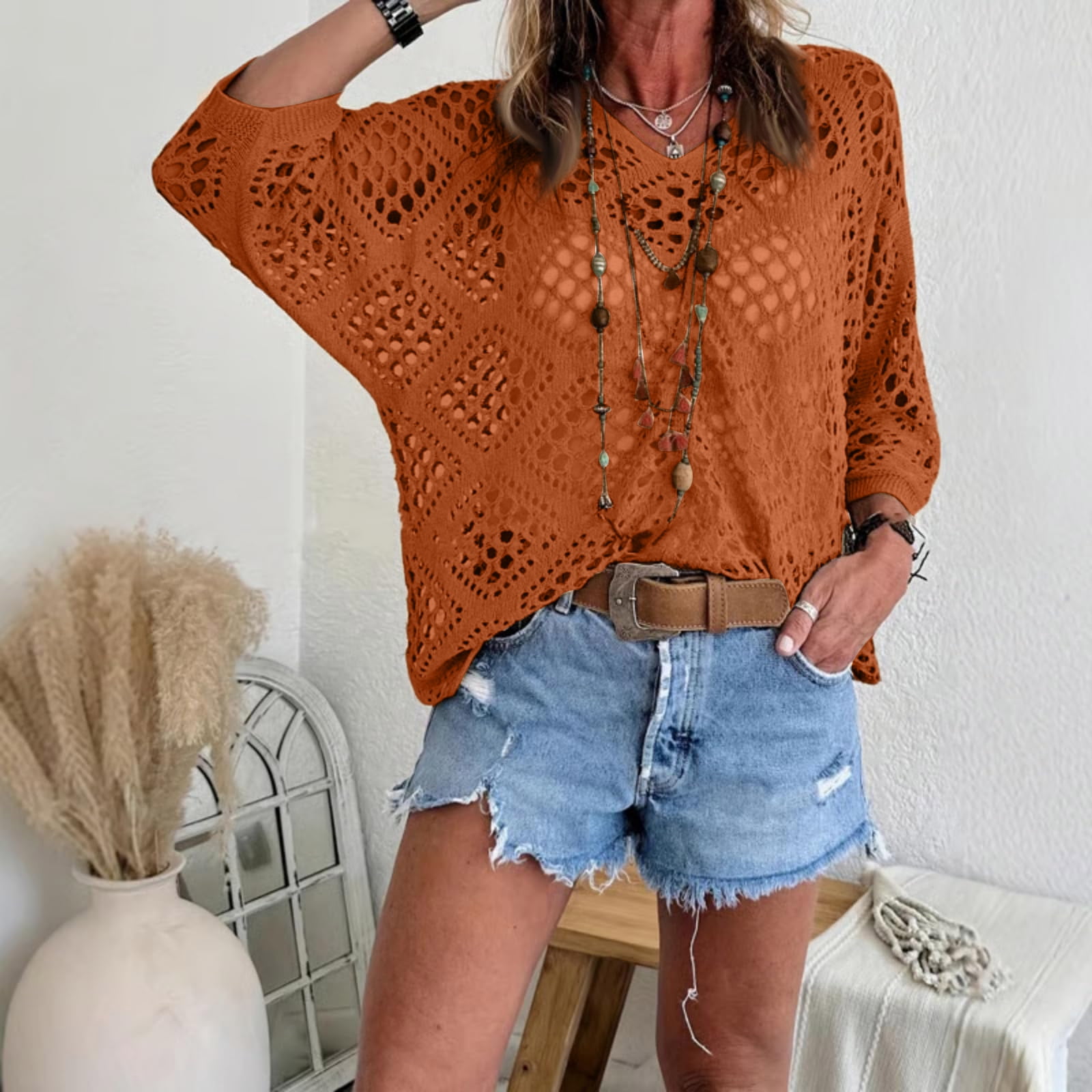 Womens 3/4 Sleeve Pullover Bohemian-Inspired Beige Crochet Top with V ...