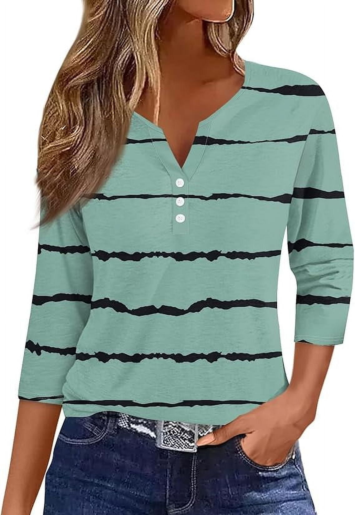 Womens 3/4 Sleeve T-Shirts V Neck Buttons Tops Neck Cute Tunic Floral ...