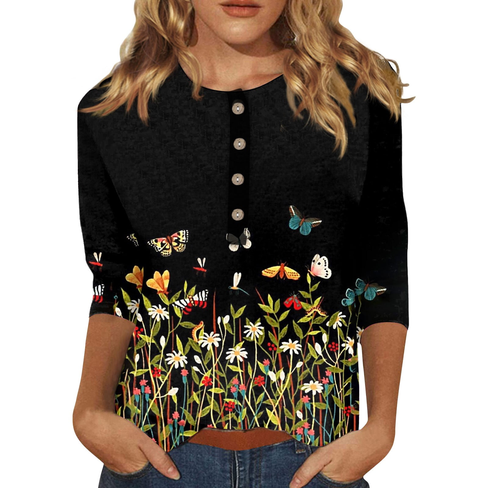 Womens 3/4 Sleeve Tops and Blouses Cotton Blend Summer Floral All Over ...