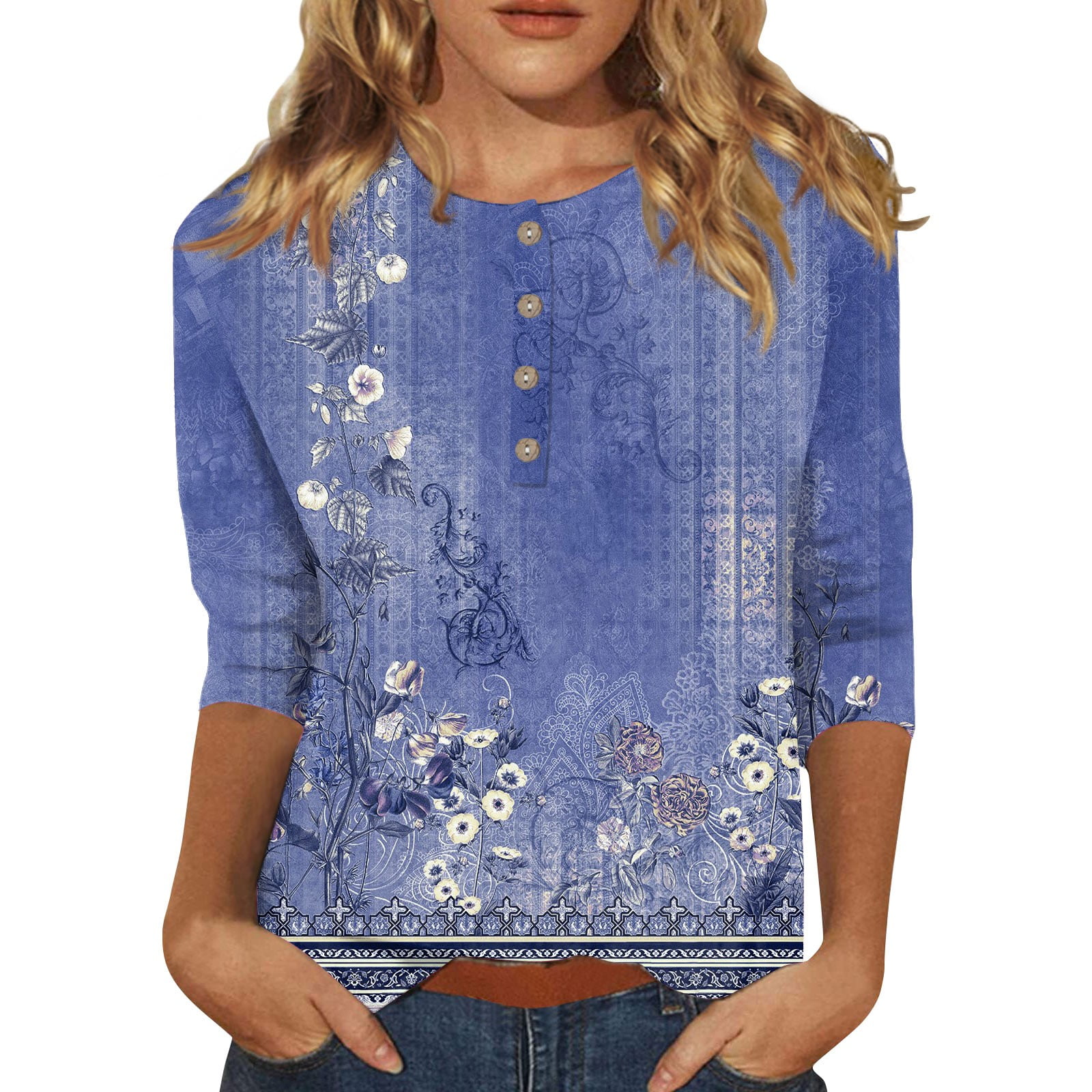 Womens 3/4 Sleeve Floral Print Tunic Tops, Plus Size Summer Blouses ...