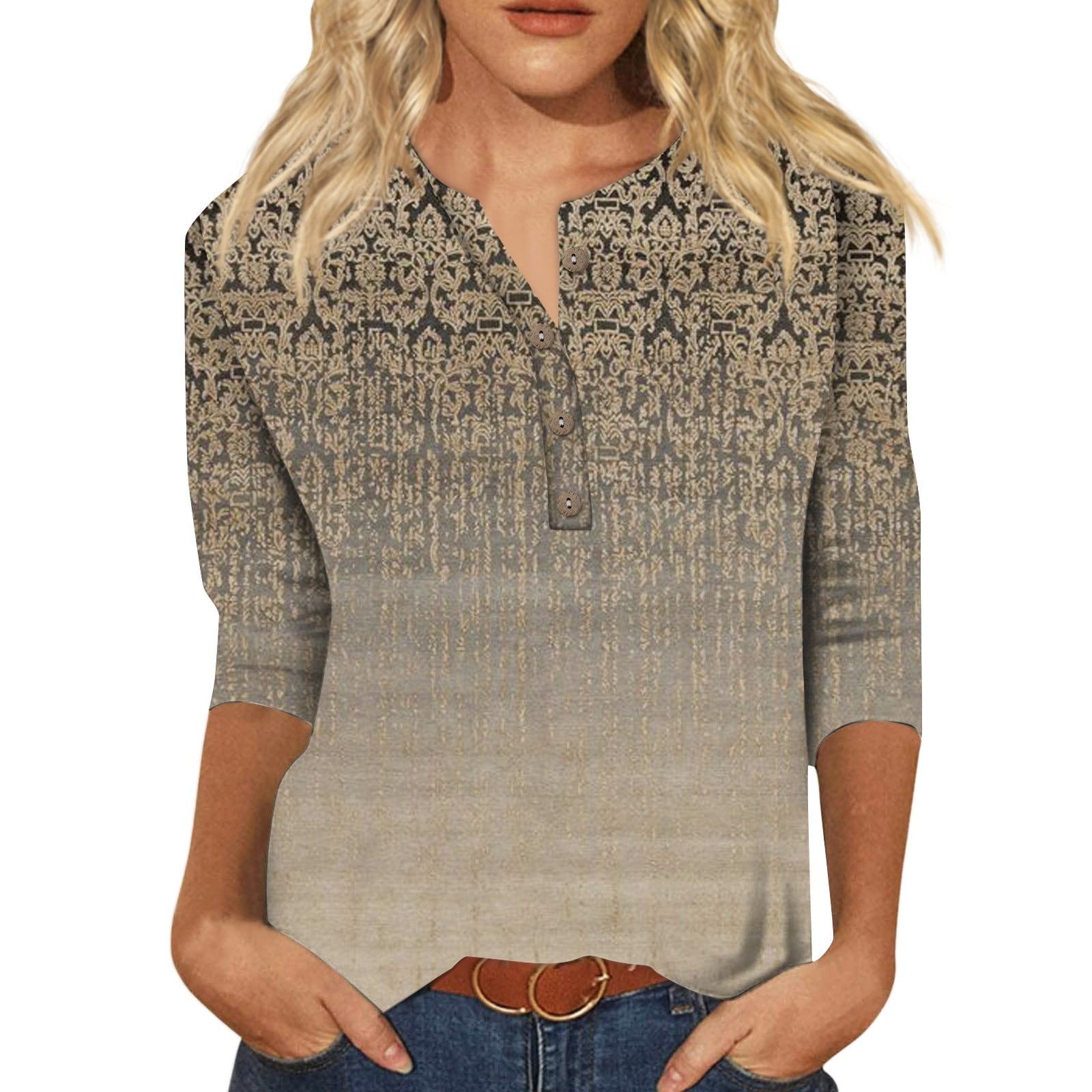Womens 3/4 Sleeve Tops and Blouses Plus Summer Floral Print Tunic Work ...
