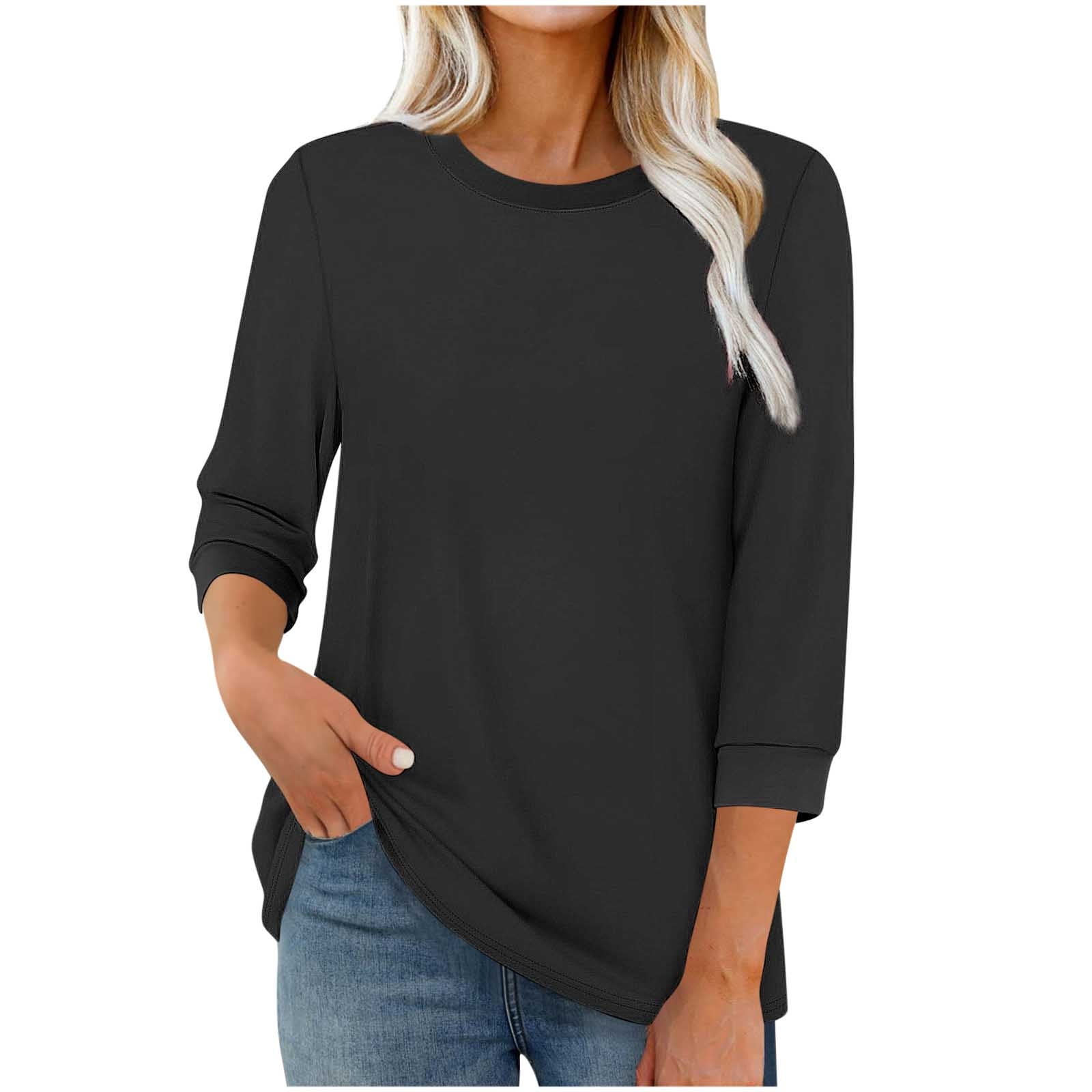 Womens 3/4 Sleeve Tops Casual Solid Color Crew Neck Basic T Shirts Fall Lightweight Comfy Dressy ...