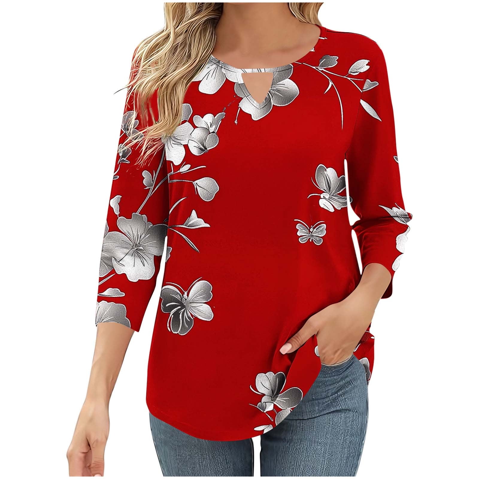 SHE IS Womens 3/4 Sleeve Tops, Long Sleeve Shirts for Women Casual Graphic Tops for Women Plus ...