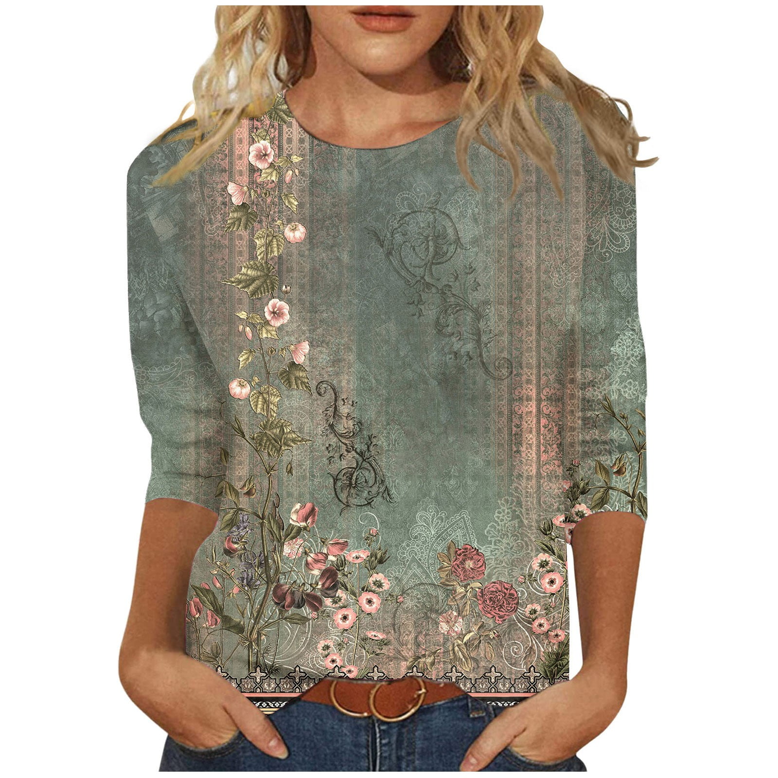 Womens 3/4 Sleeve Tops Petite Summer Ethnic Floral Slim Ladies Tops and ...