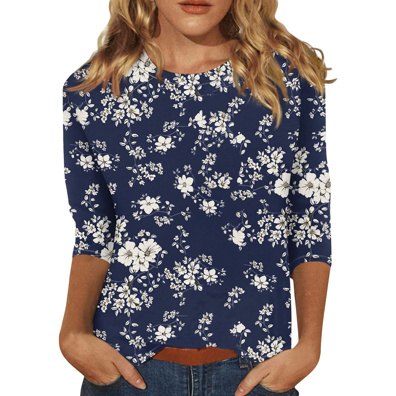 Womens 3/4 Sleeve Tops Petite Summer Ethnic Floral Slim Ladies Tops and Blouses Dressy Round ...