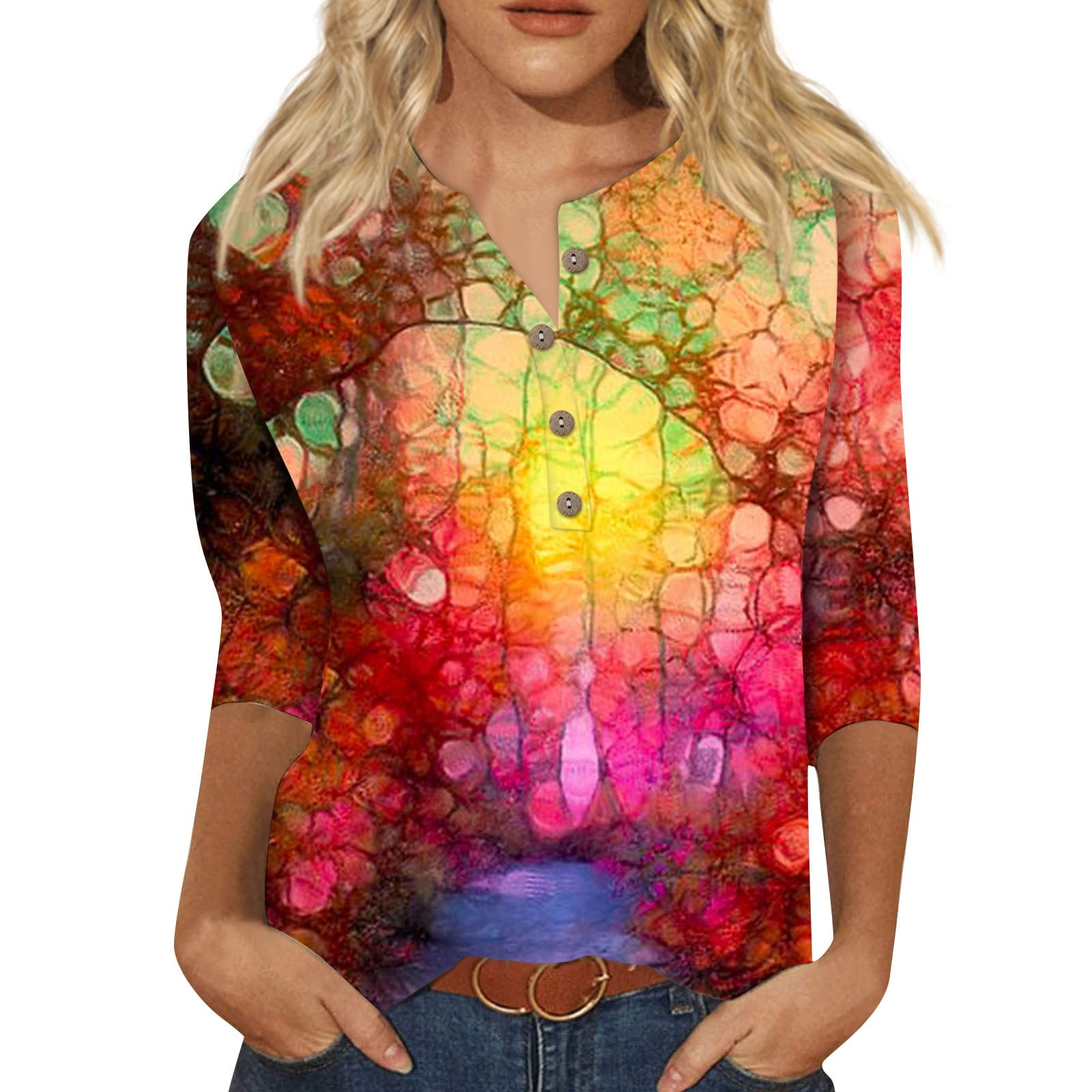 Womens 3/4 Sleeve Tops Petite Summer Tie Dye Gradient Tunic Women's ...