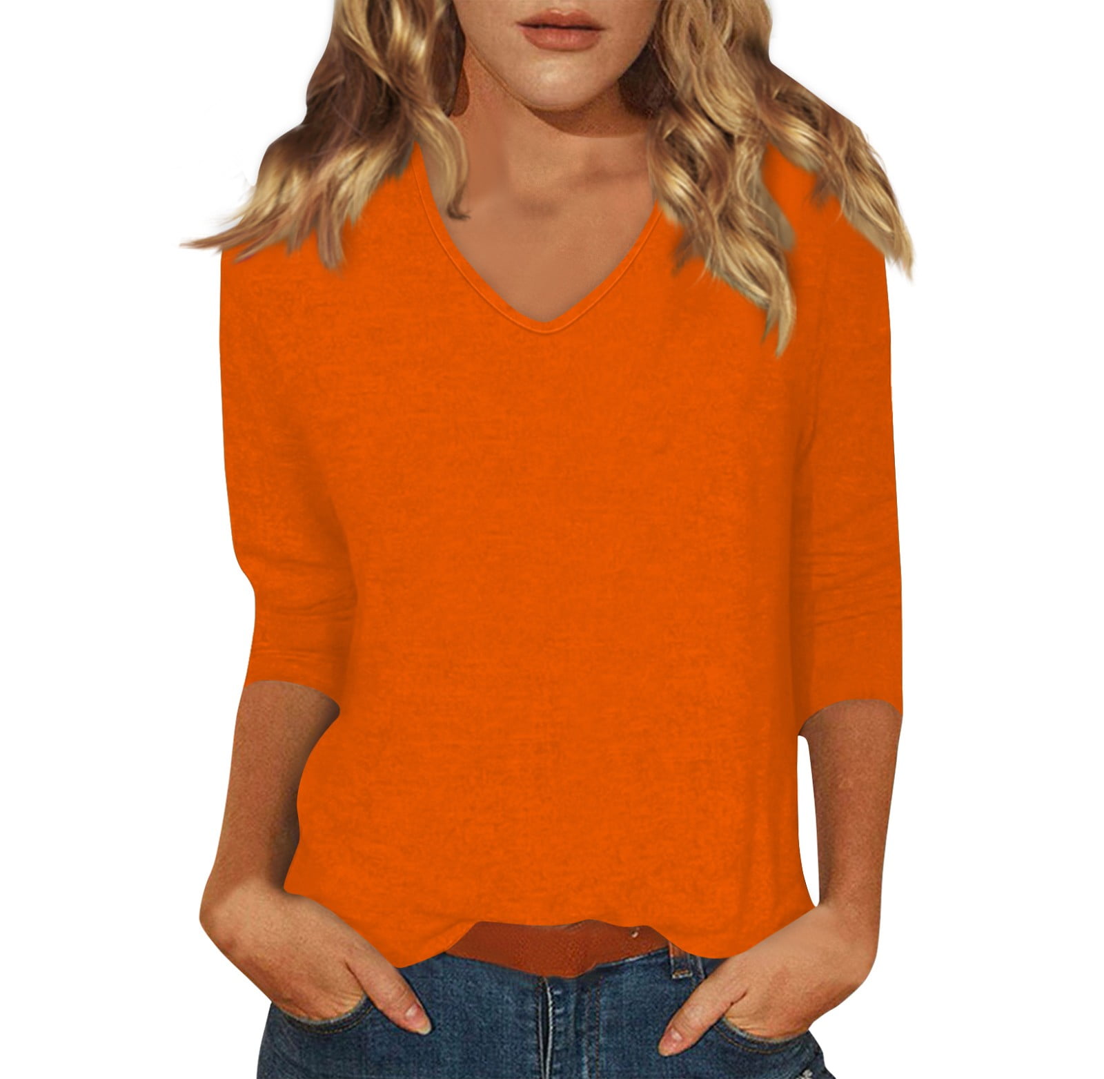 Womens 3/4 Sleeve Tops Solid Color Round Neck Shirts Loose Blouses ...
