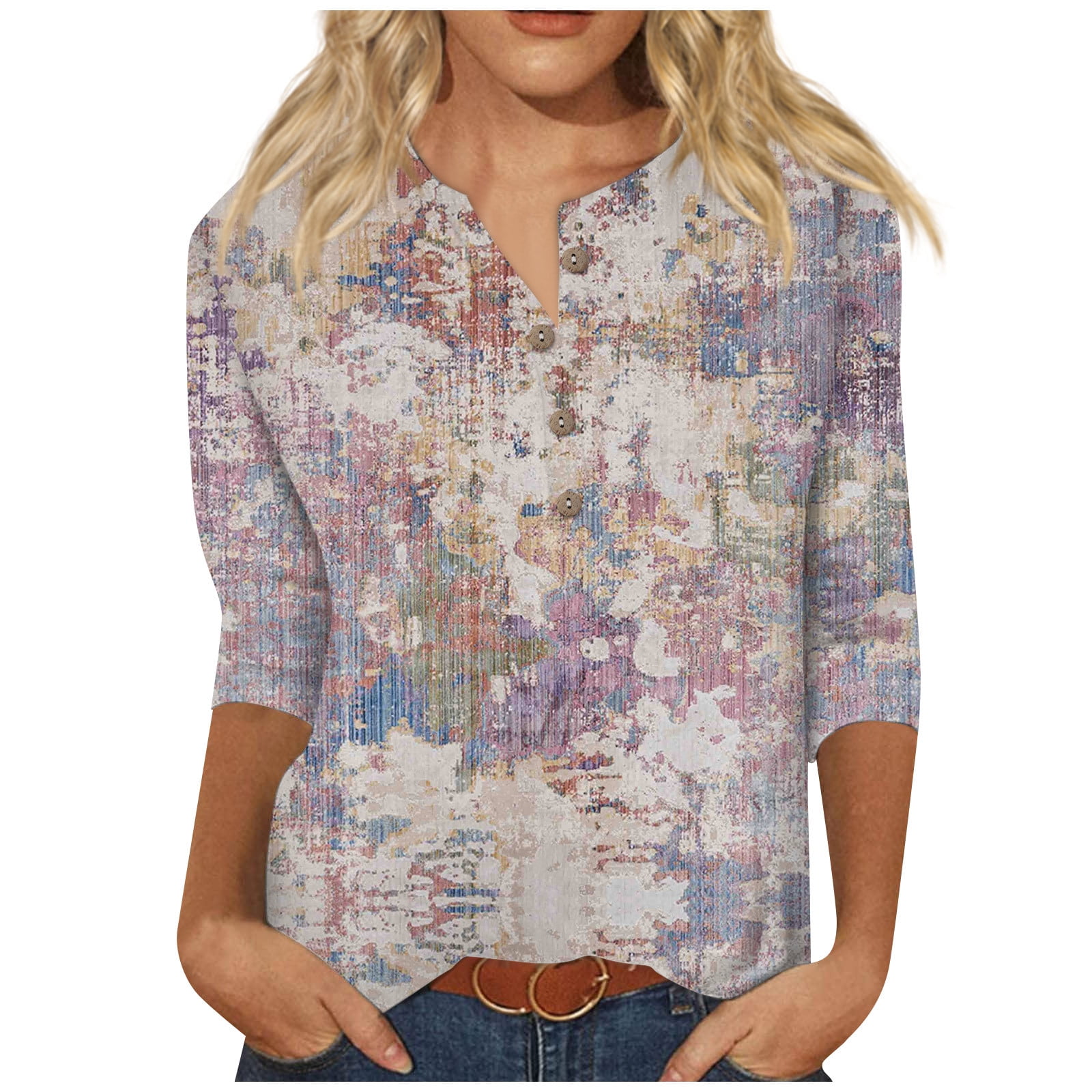 Womens 3/4 Sleeve Tops Summer Floral Print Tunic Women Tops Trendy ...