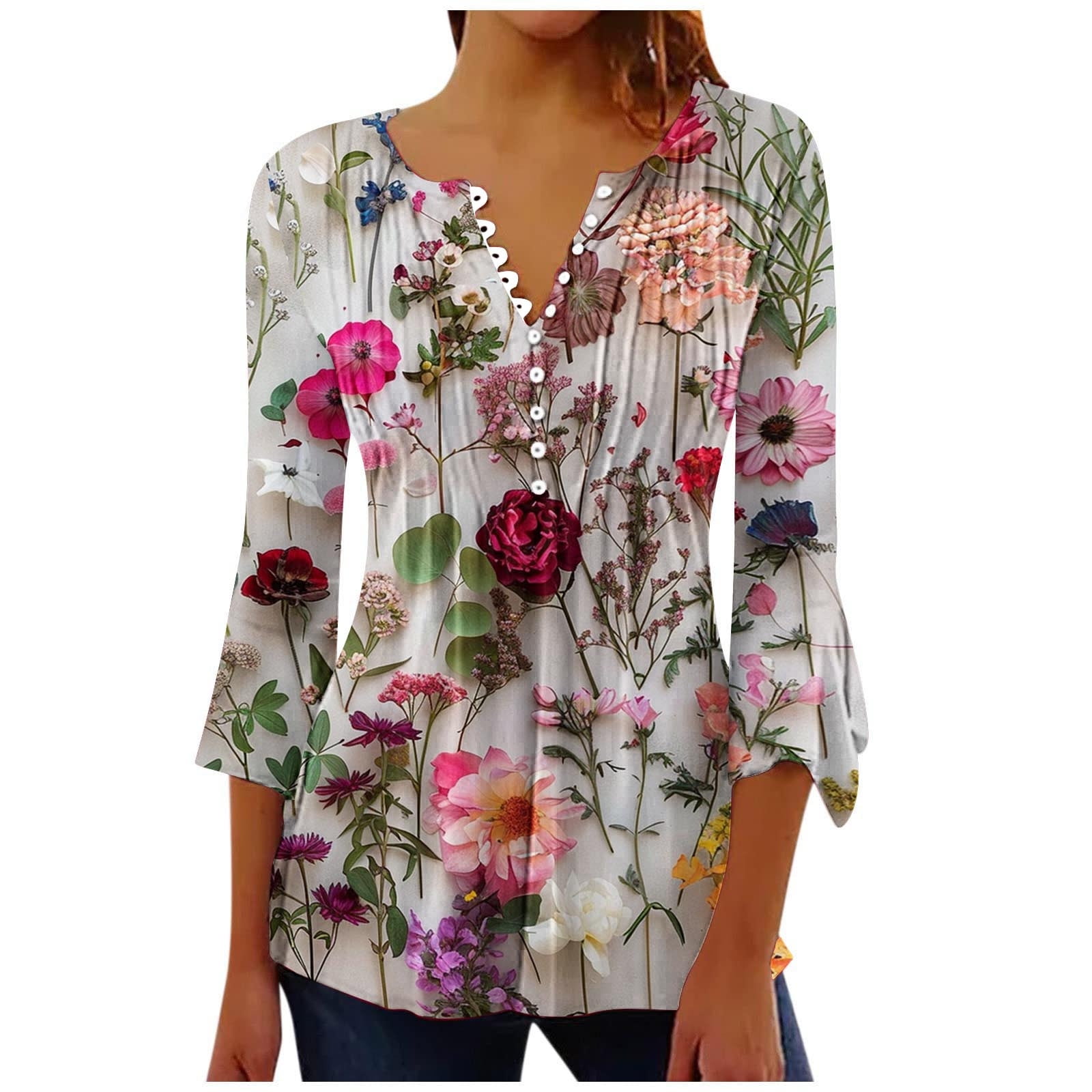 Womens 3/4 Sleeve Tunic Tops Relaxed Fit Elegant Henley Neck Flared ...