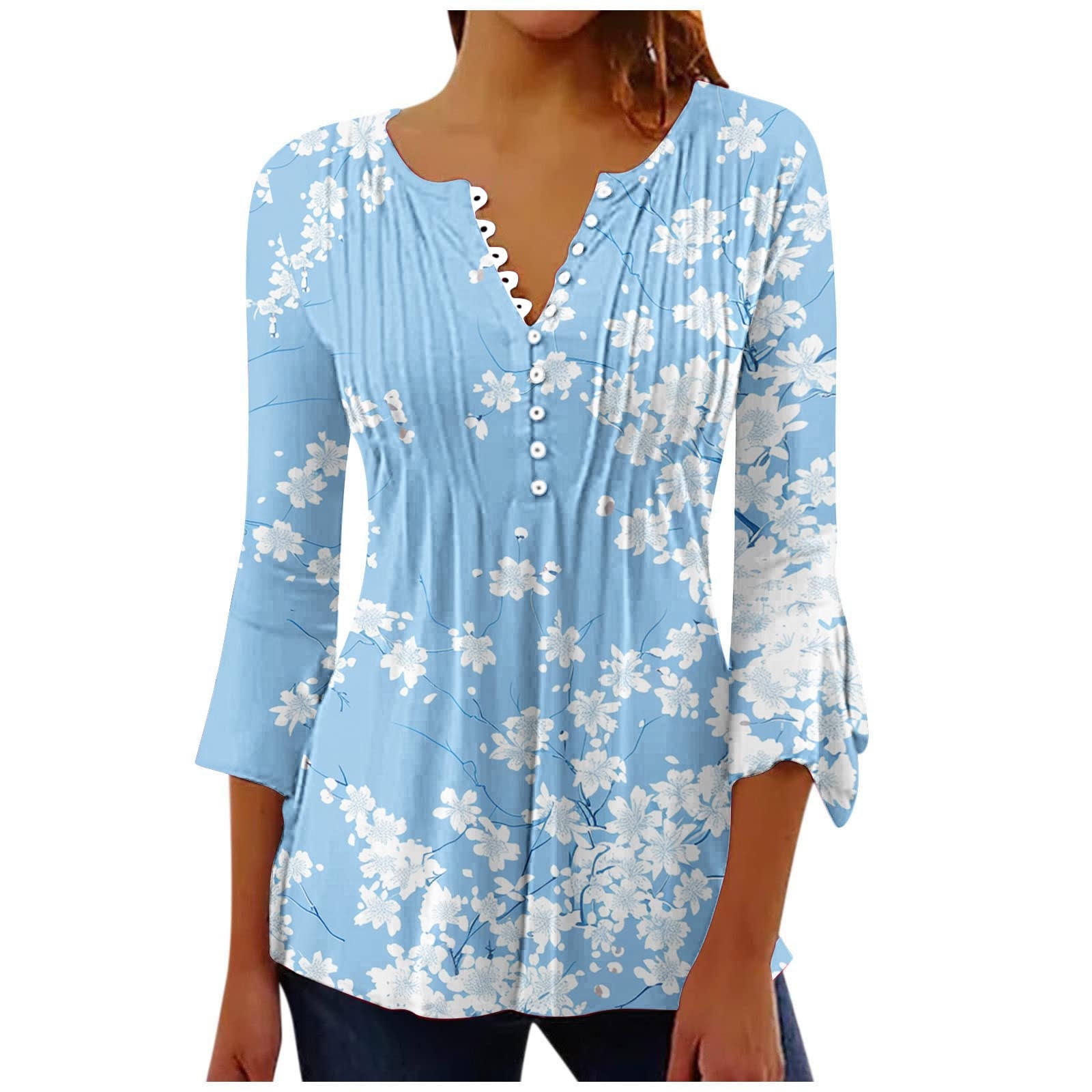 Womens 3/4 Sleeve Tunic Tops Relaxed Fit Elegant Henley Neck Flared ...
