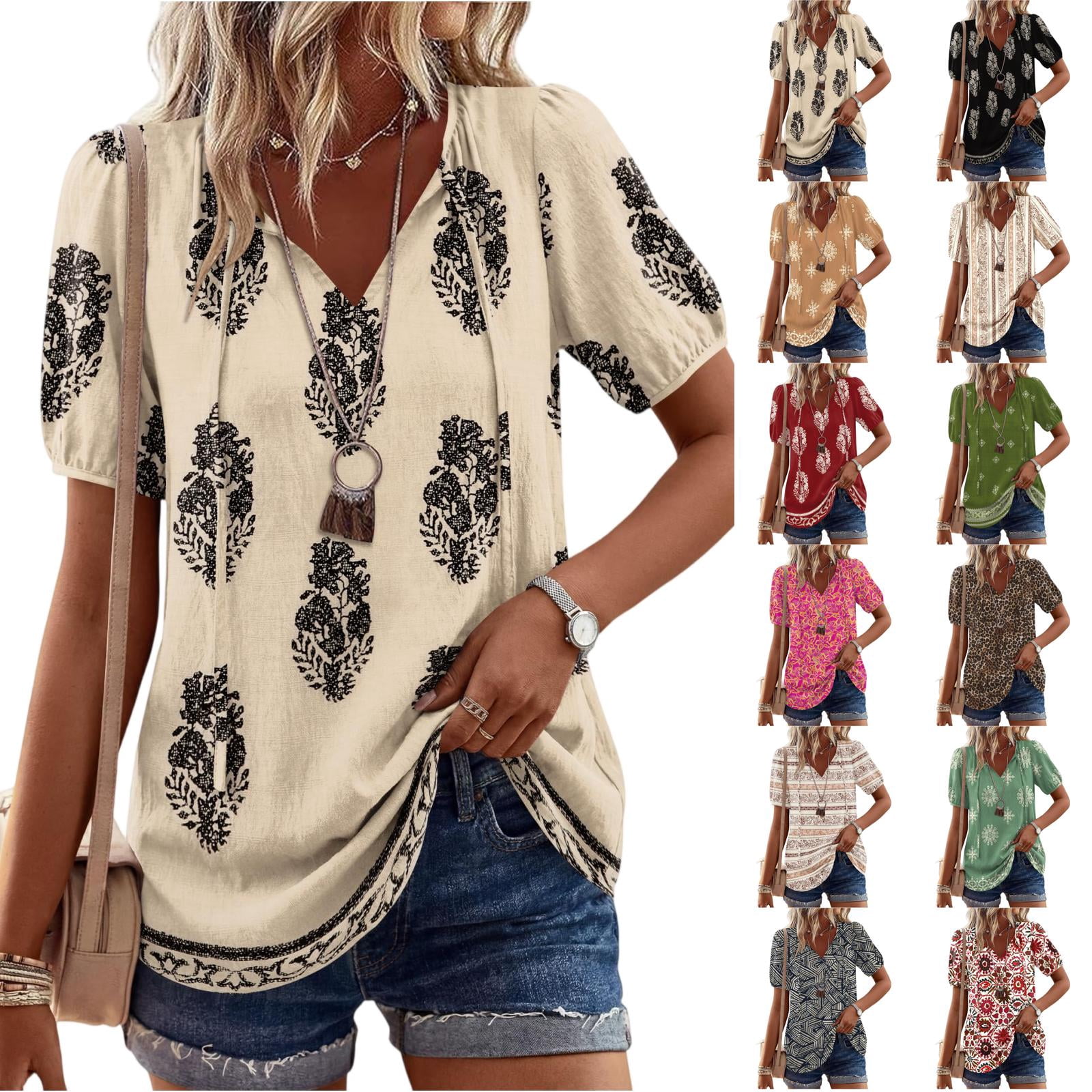 Womens 3/4 Sleeve V Neck Bohemian Peasant Blouses Casual Loose Fit ...