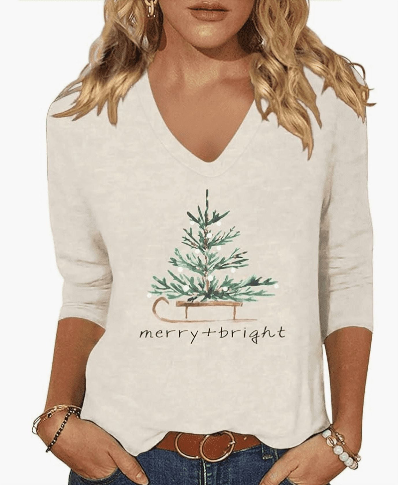 Womens 3/4 Sleeve V Neck T-Shirts Merry Bright Christmas Tree Graphic ...