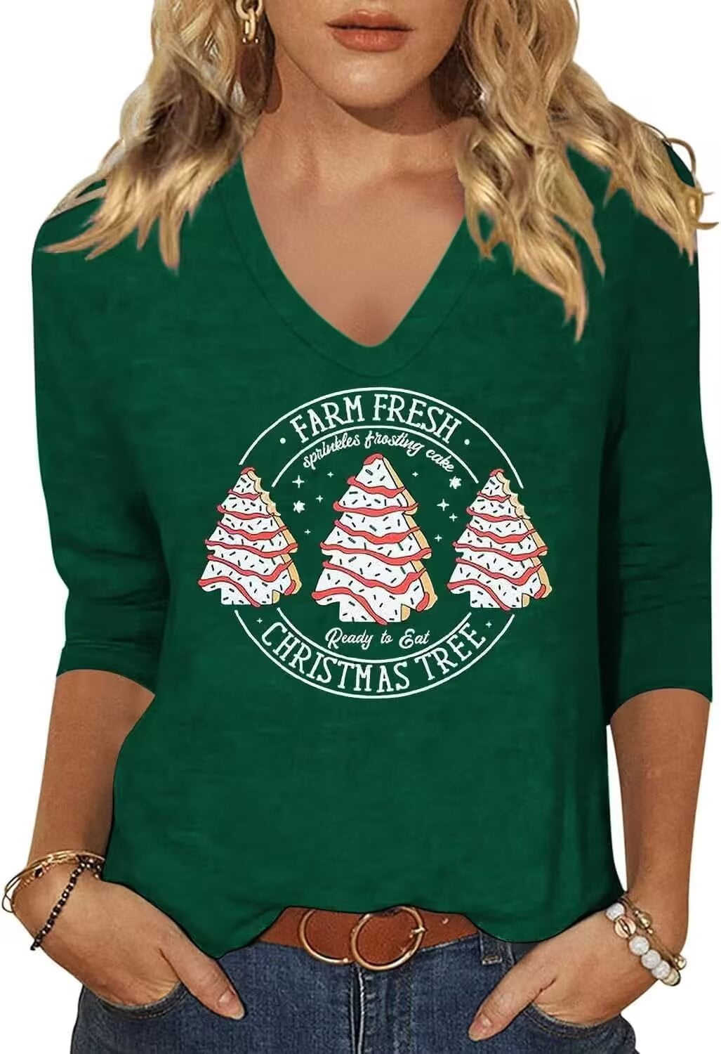 Womens 3/4 Sleeve V Neck T-Shirts Merry Bright Christmas Tree Graphic ...