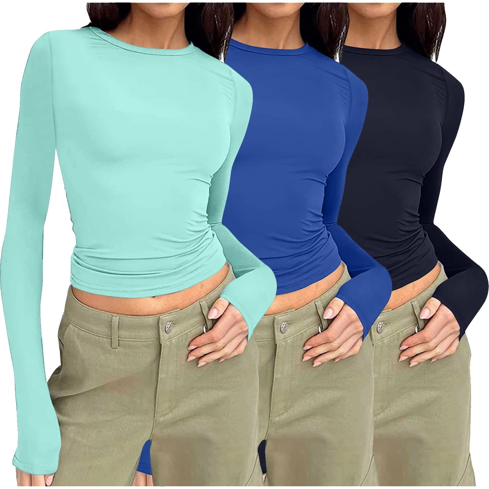 Womens 3 Pack Casual Long Sleeve Shirts Basic Fall Fashion Crop Tops ...