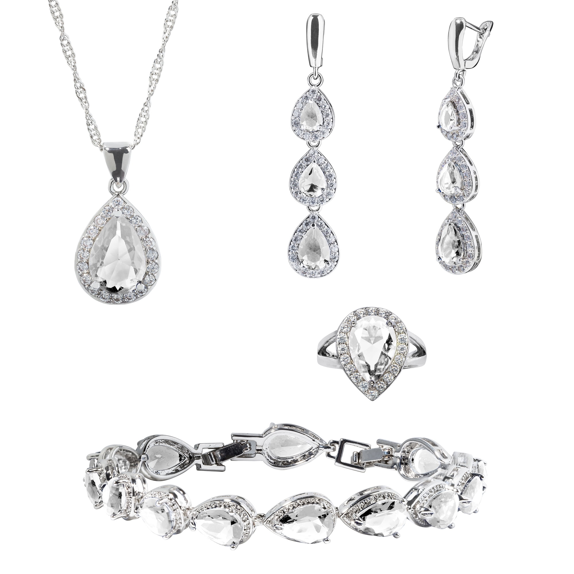 Womens 4 Pc Water Drop Jewelry Set, 925 Sterling Silver, Crystal CZ ...