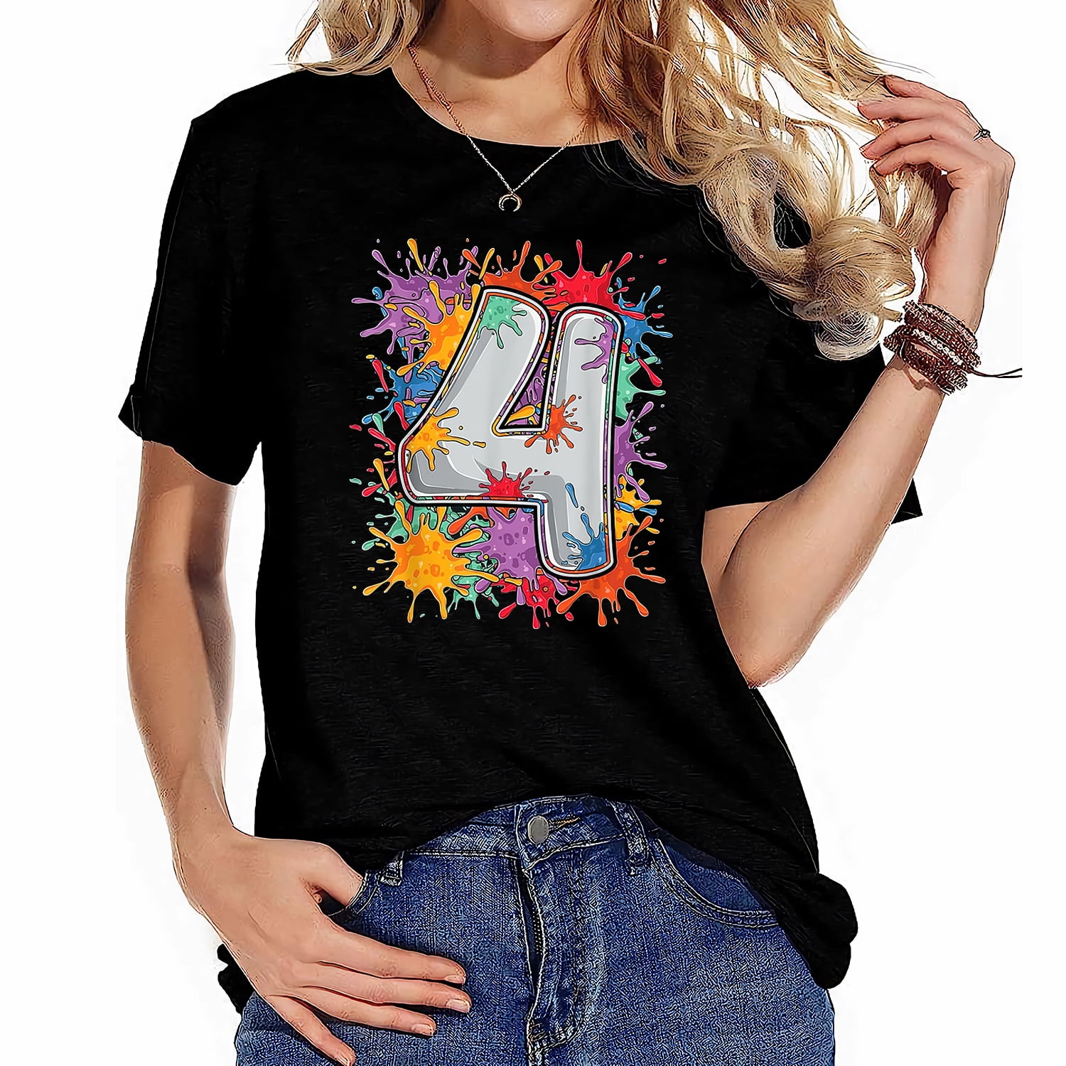 Womens 4 Year Old Colorful Splashes 4Th Birthday Paint Splash T-Shirt ...