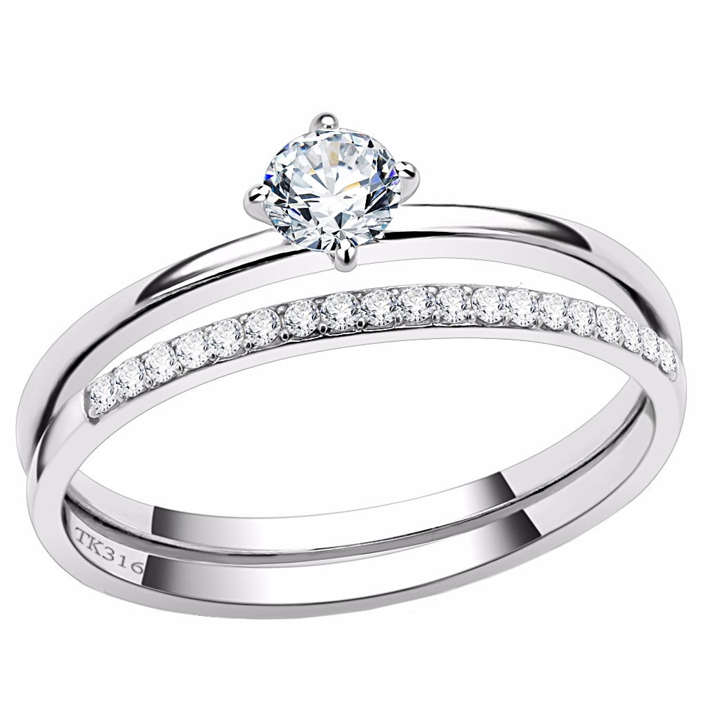 Womens 4x4mm Round Clear CZ Stainless Steel Small Delicate Band Wedding ...