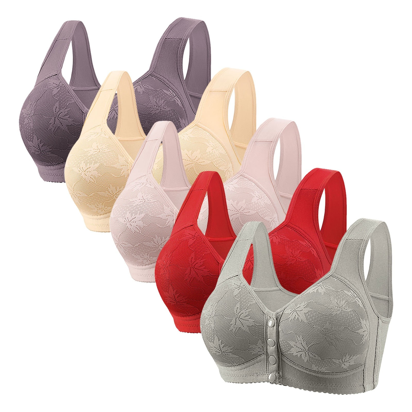 Womens 5 Pack Everyday Bras, Daisy Bras for Older Women Front Closure Push Up Wireless Ellymuse ...