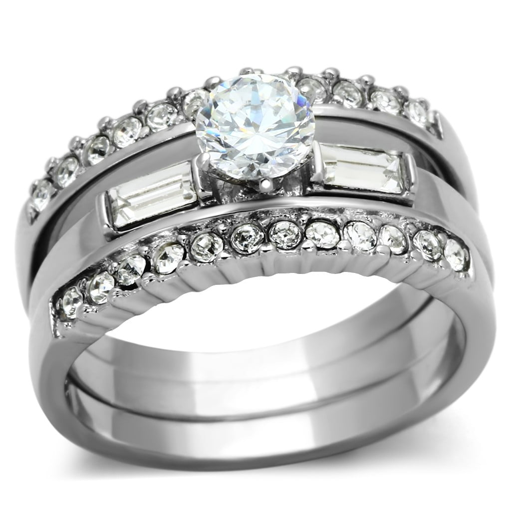 La Ny Jewelry Round Clear CZ Stainless Steel Wedding Rings Set, 3 Rings ...