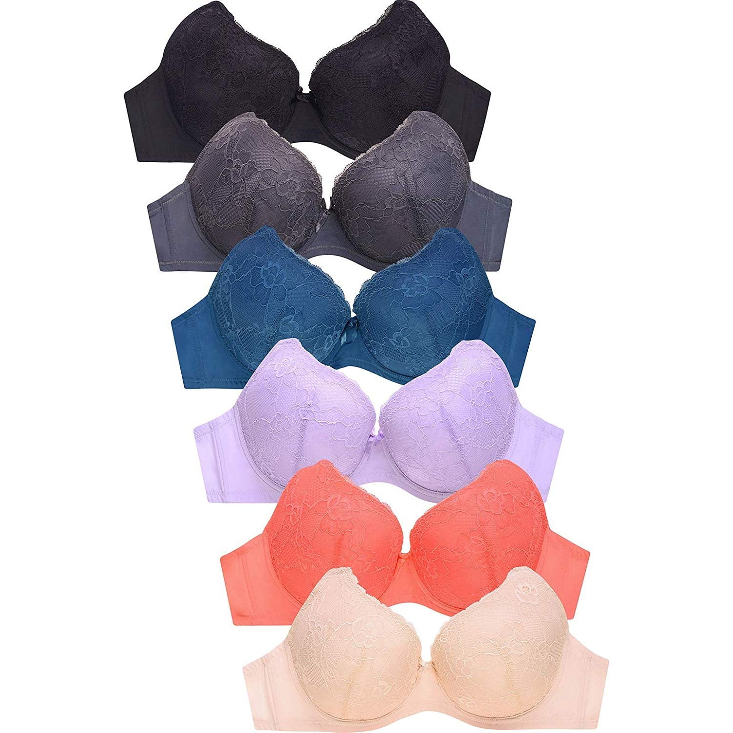 Womens 6 Pack of Everyday Plain, Lace, D, DD, DDD Cup Bra -Various ...