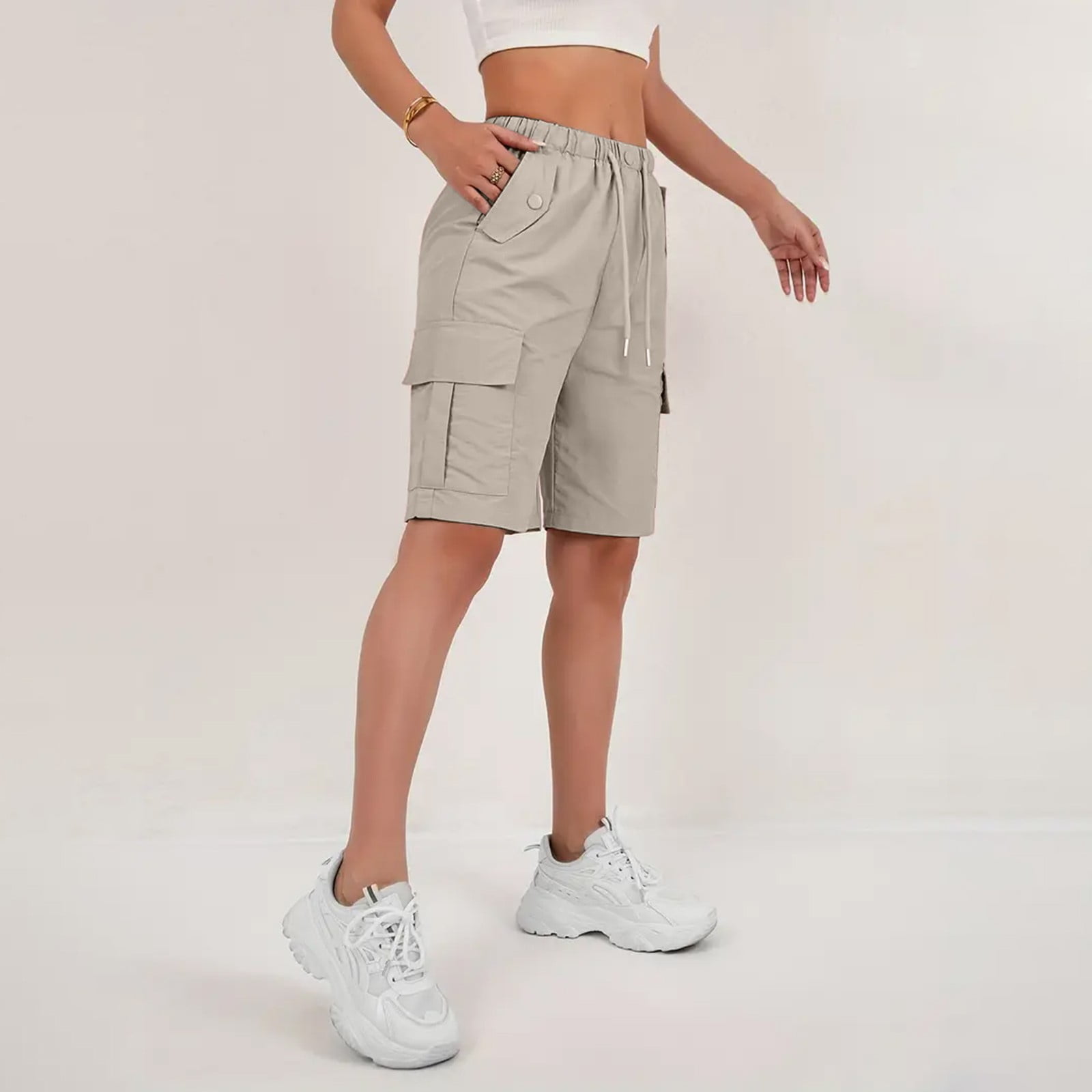 Womens Active Bermuda Cargo Shorts with Pockets Pull On Wide Leg High Waisted Knee Length Sweat ...