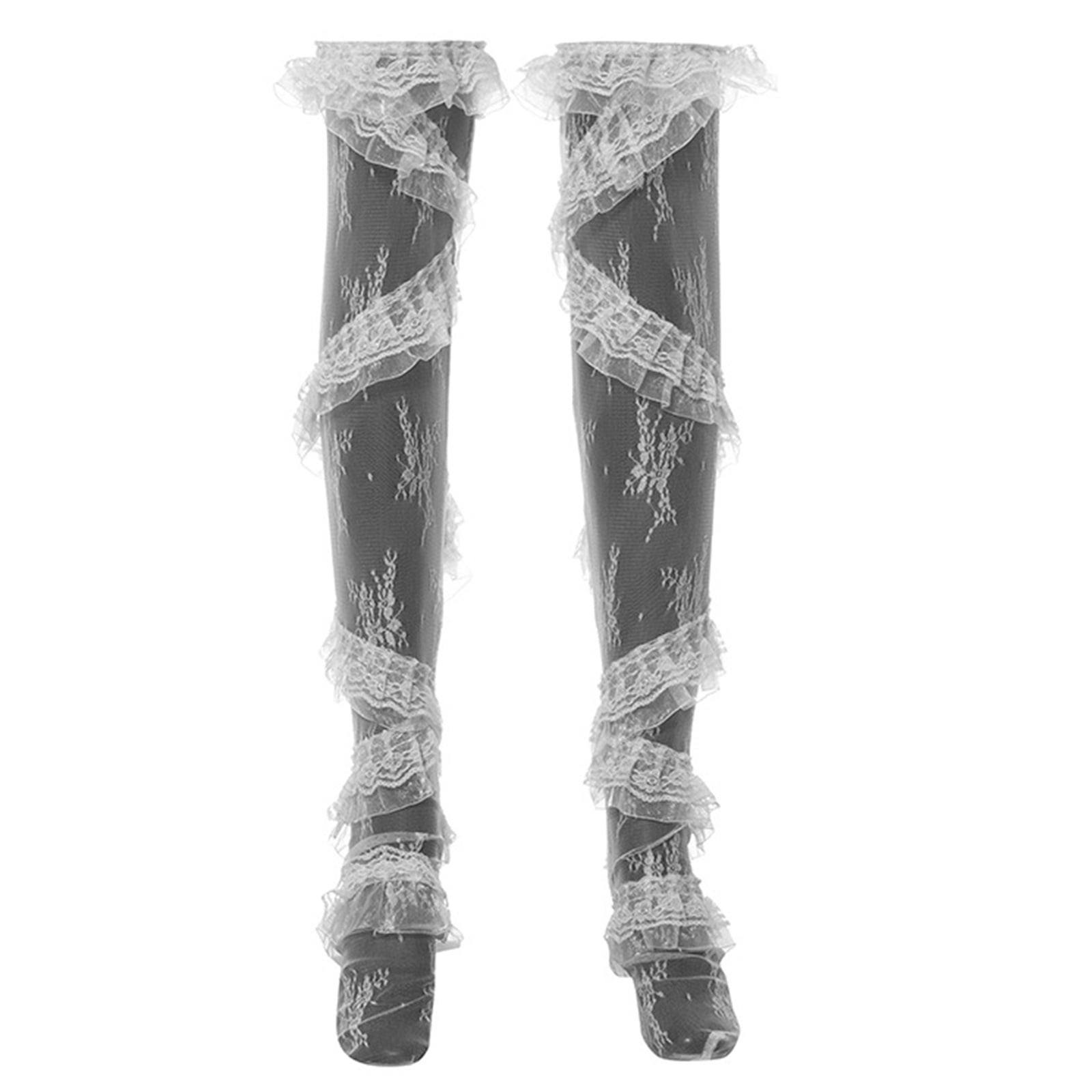 Womens Aesthetic Sheer Flower Lace Thigh High Stockings Sweet Twill ...